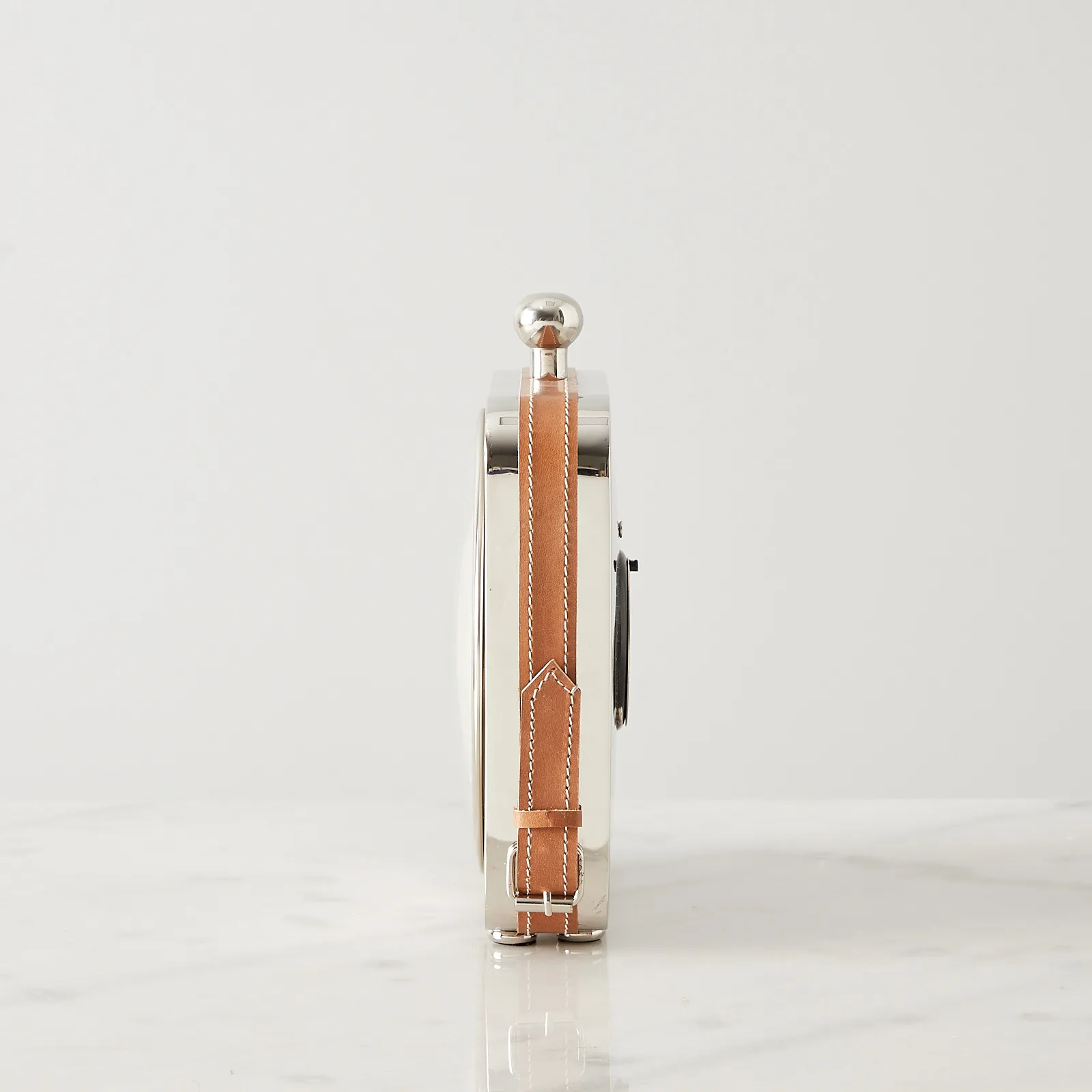 Tik Tok Silver Table Clock -Tan Leather Strap
