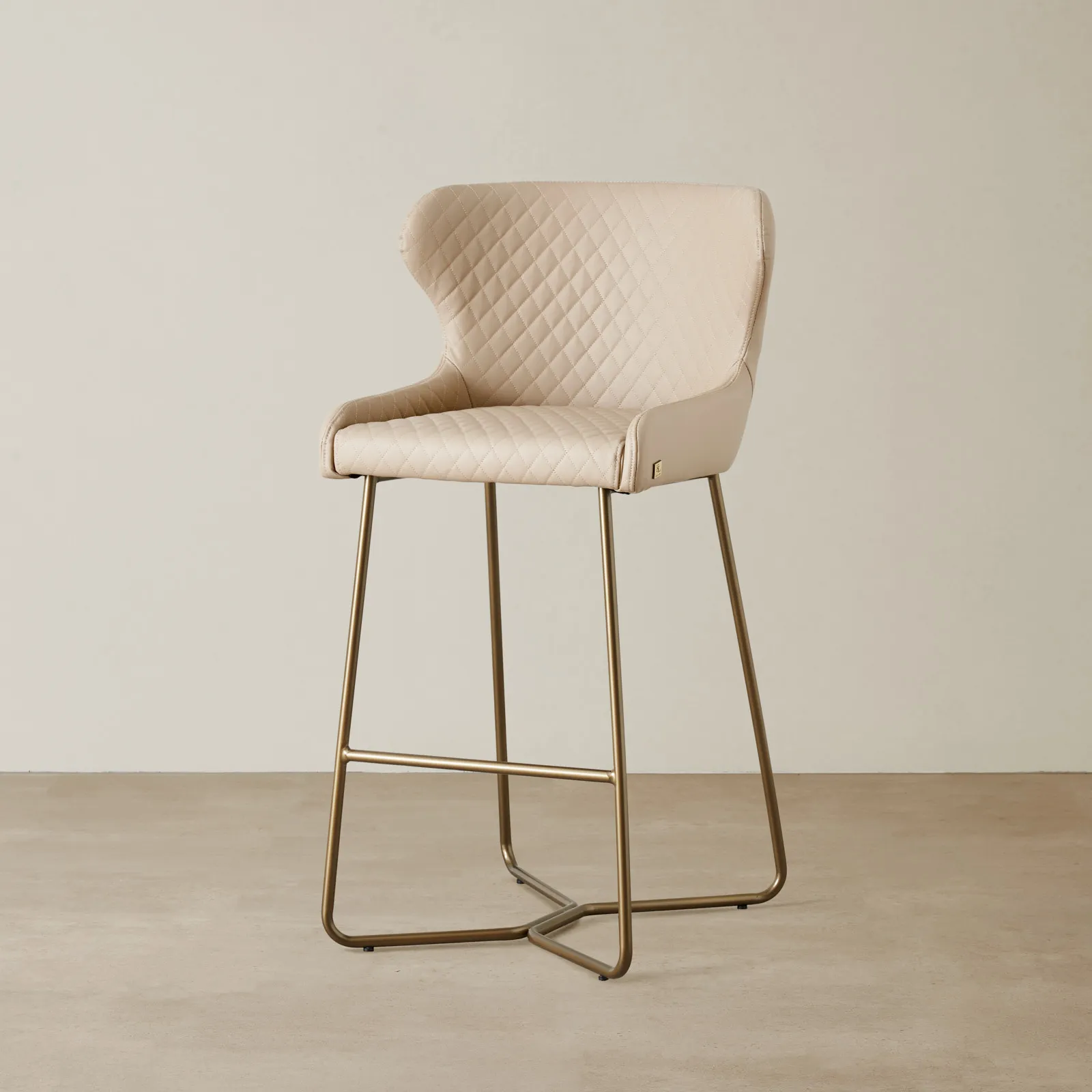 Quinn Sand Beige Vegan Leather Bar Stool - Brass Colour Legs | Koala Living