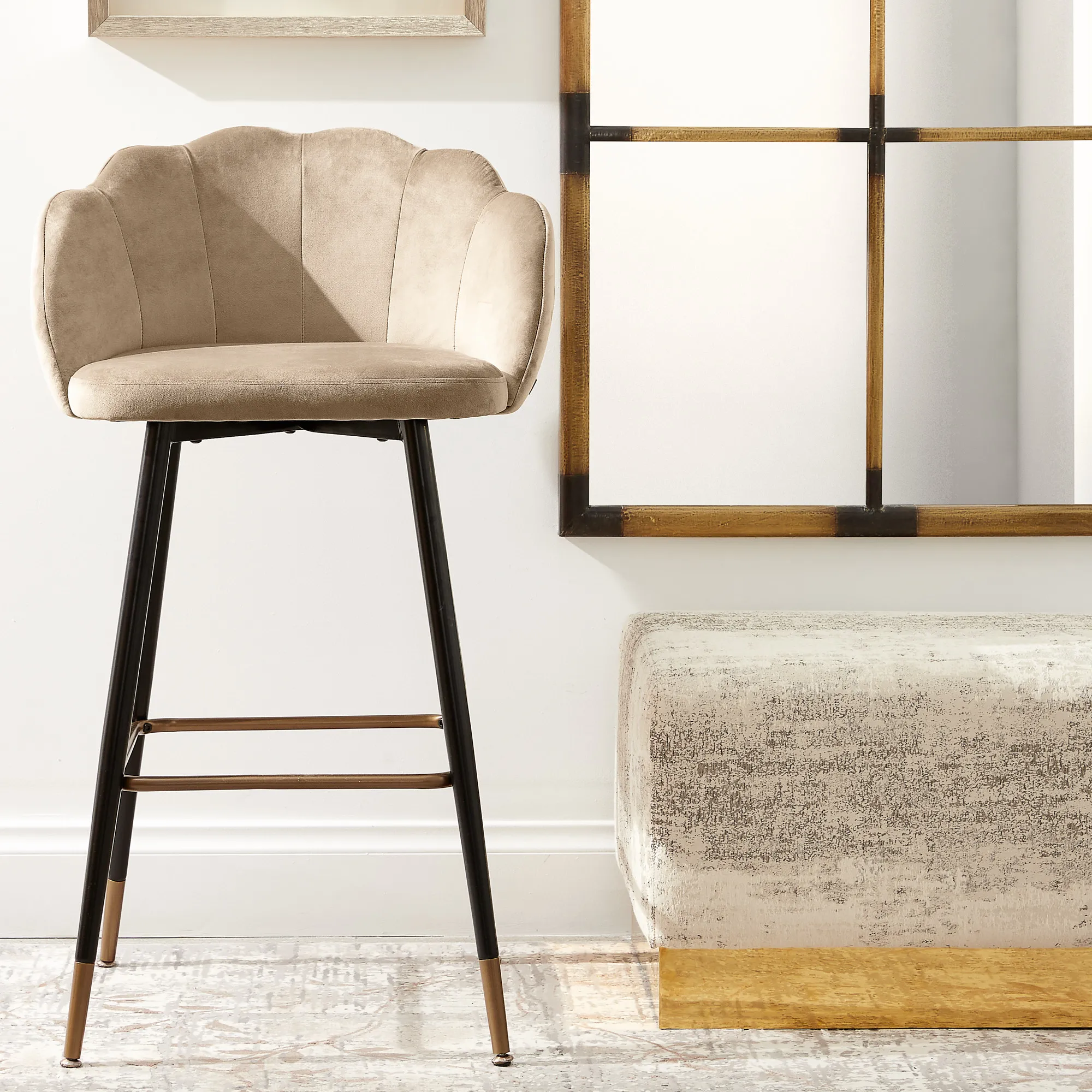 Amber II Beige Velvet Bar Stool - 74cm