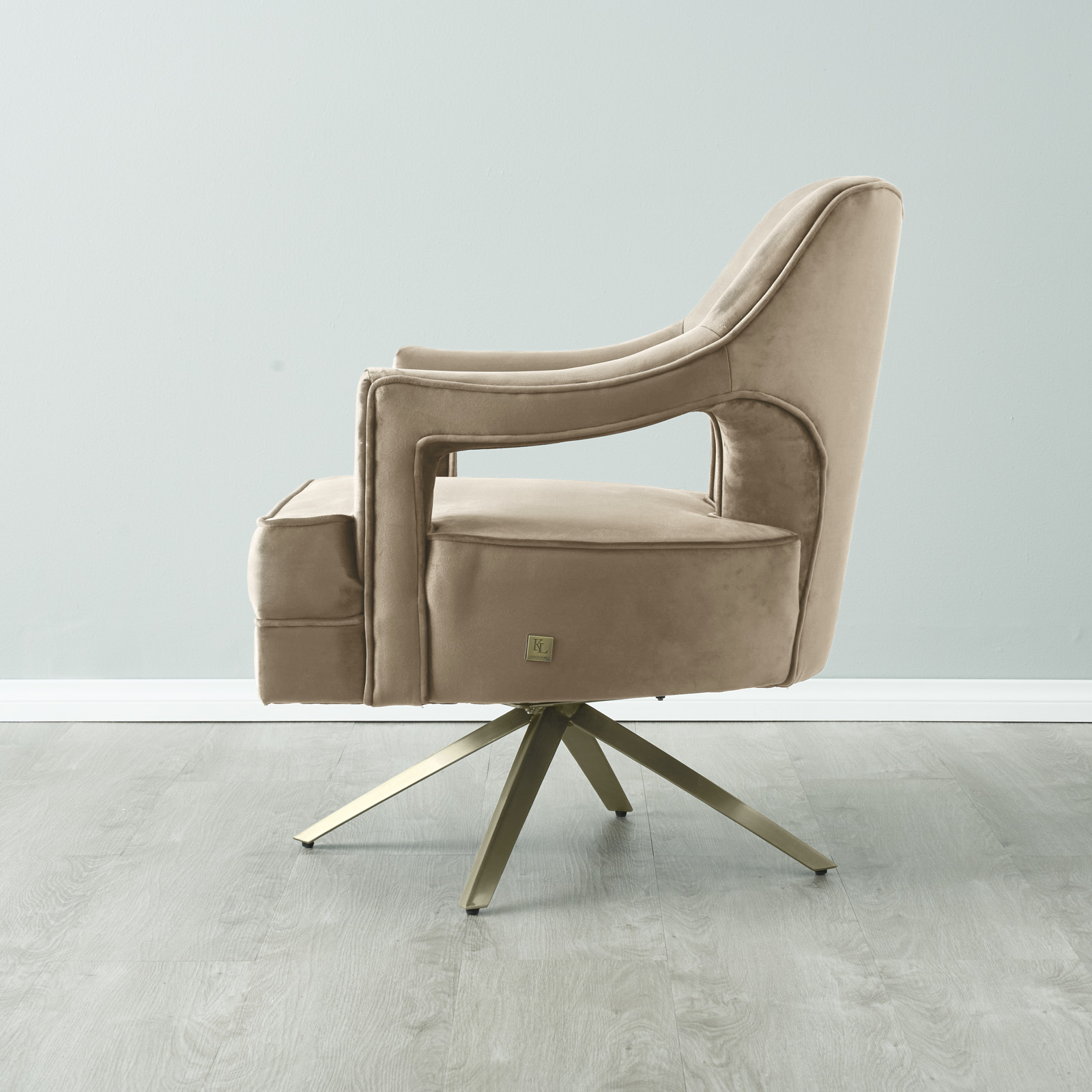 Burton Beige Velvet Swivel Occasional Chair - Brushed Champagne Gold ...
