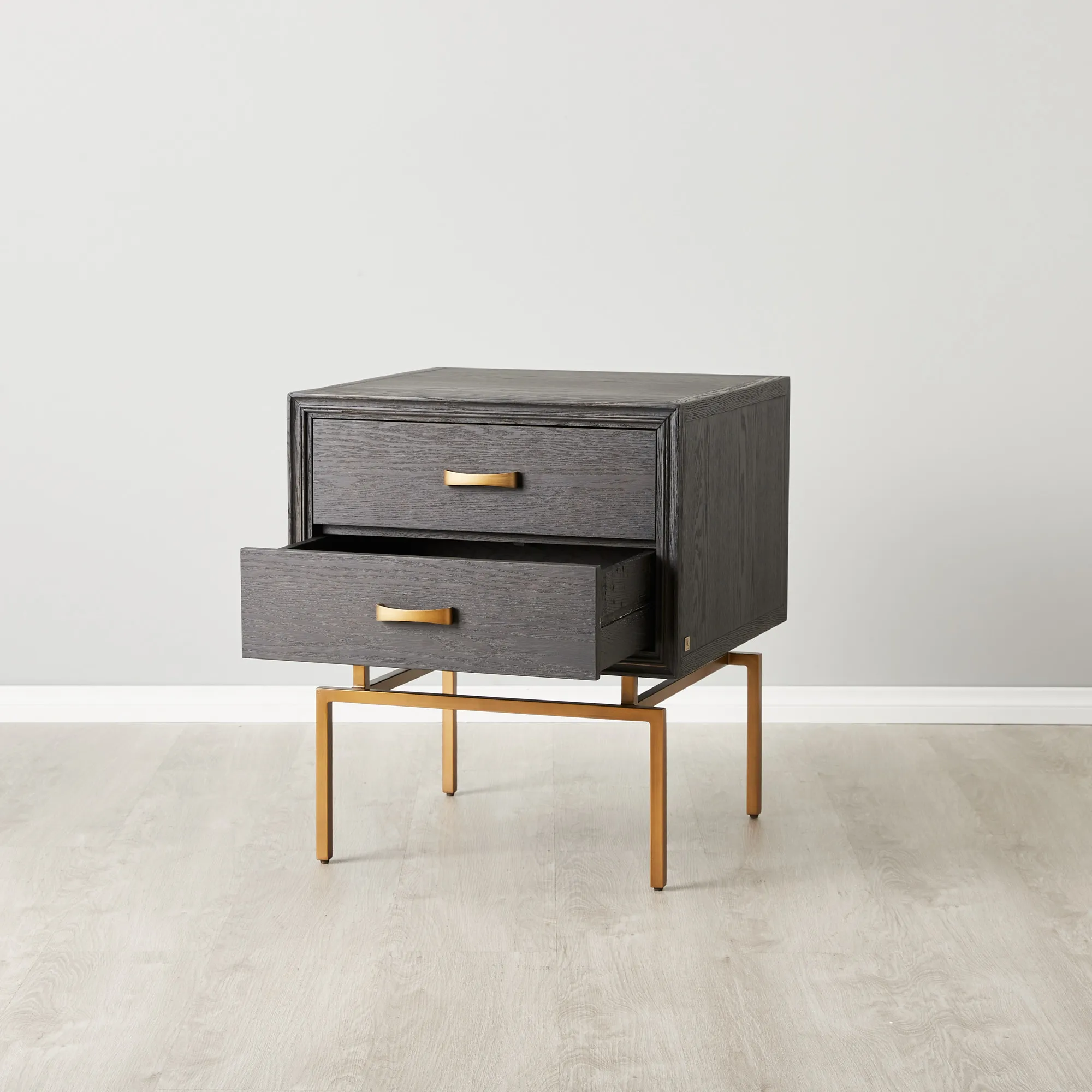 Mackenzie Black Wooden Bedside Table - Brass Coloured Handles