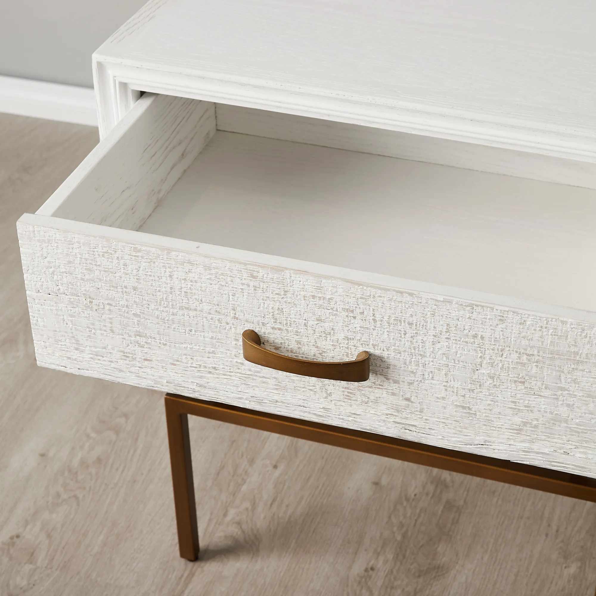 Mackenzie White Wooden Bedside Table - Brass Coloured Handles