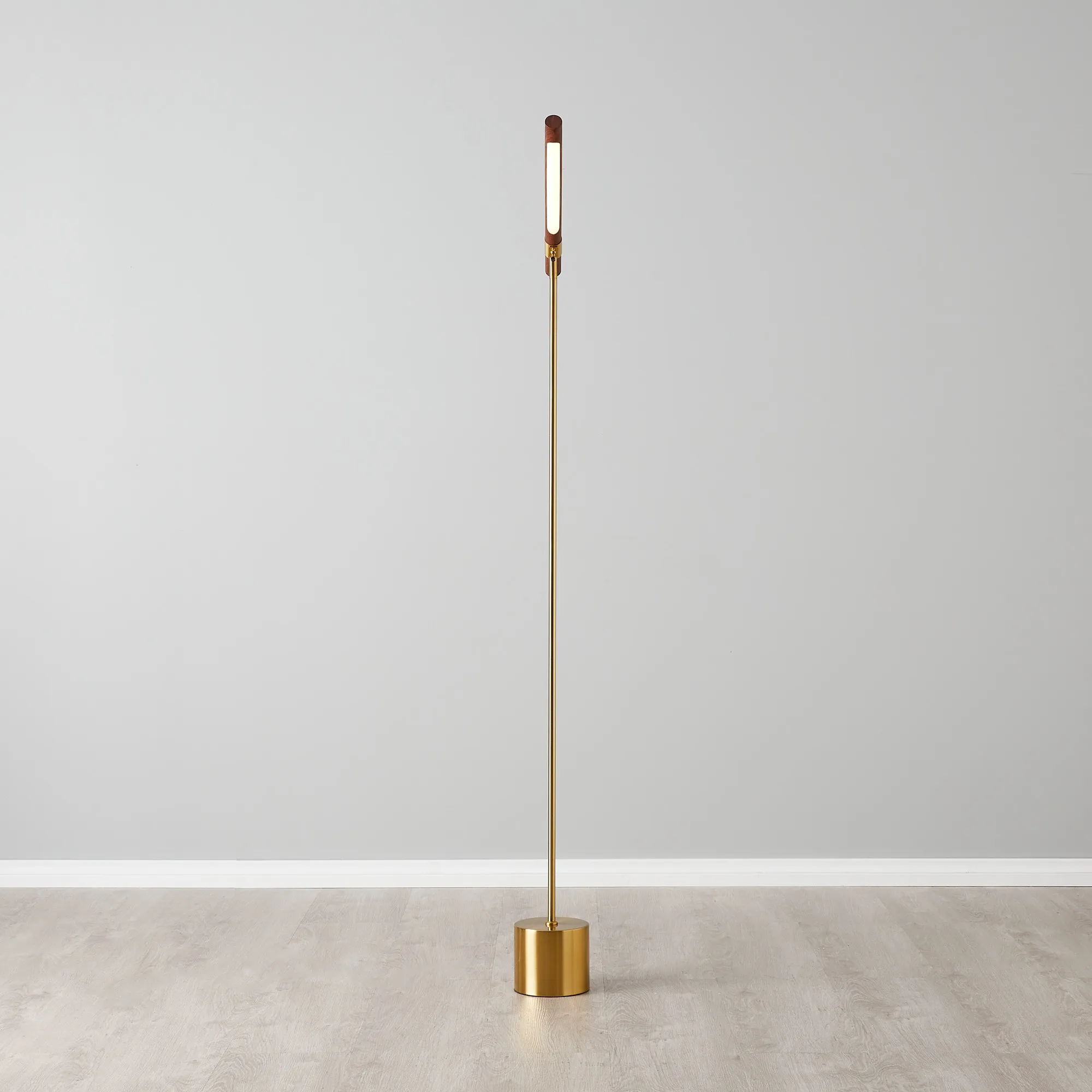 Kaia Brushed Gold Metal Floor Lamp Walnut Metal Shade