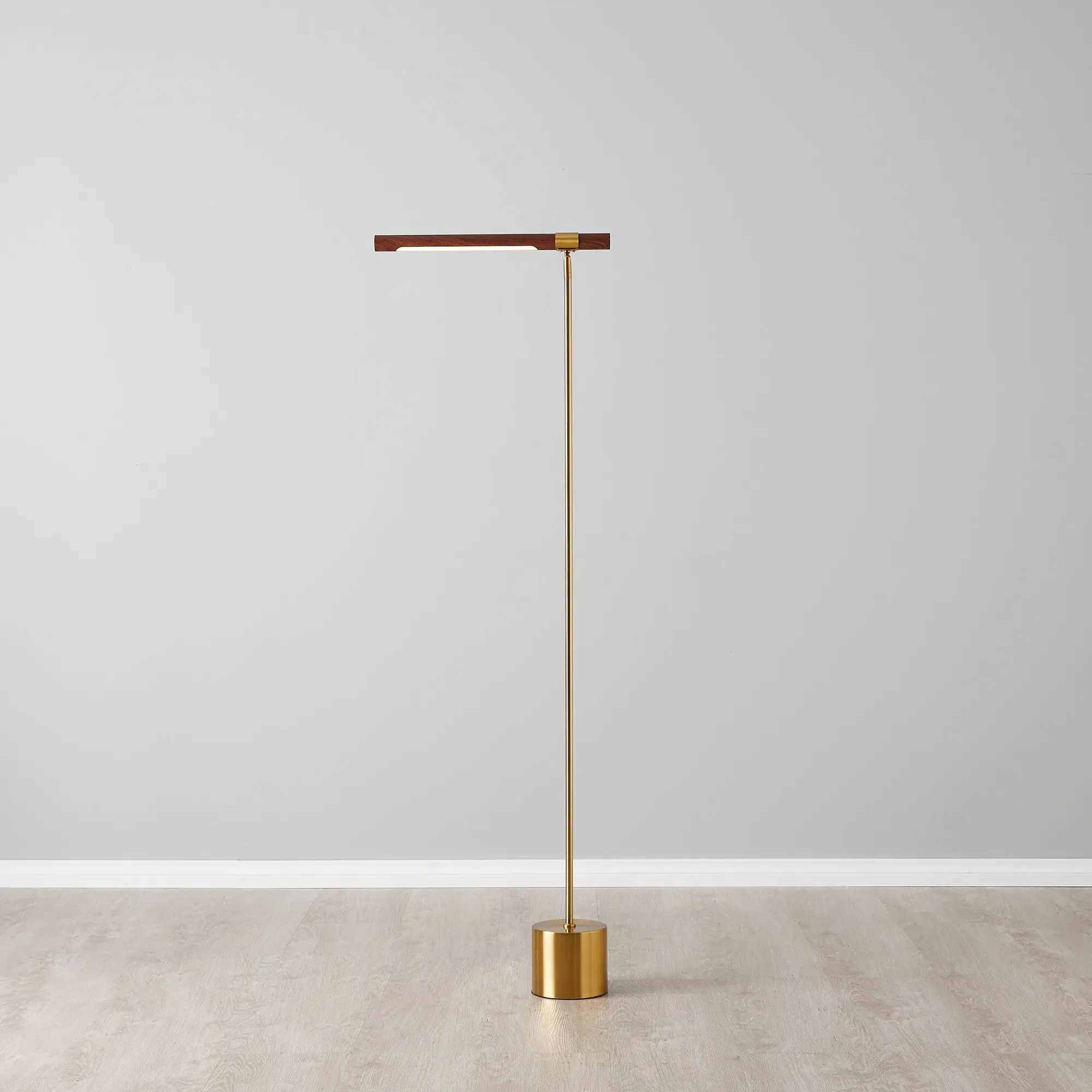 Kaia Brushed Gold Metal Floor Lamp Walnut Metal Shade | Koala Living