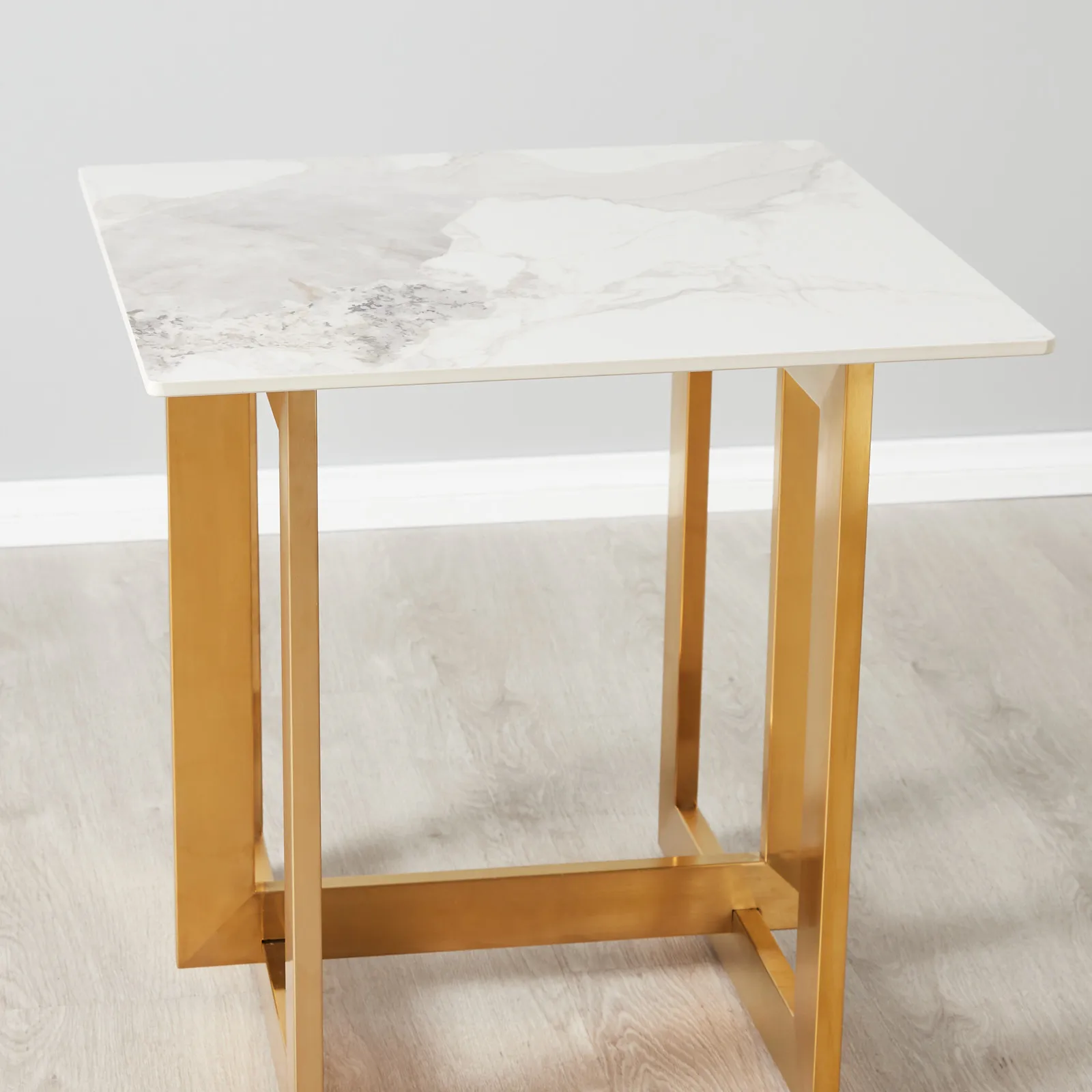 Dianne White Sintered Stone Side Table Brushed Gold Stainless Steel Frame