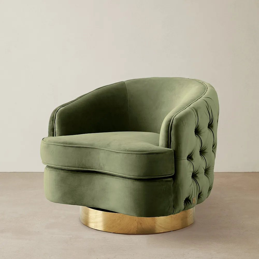 Kelly Olive Green Velvet Swivel Chair Gold Legs