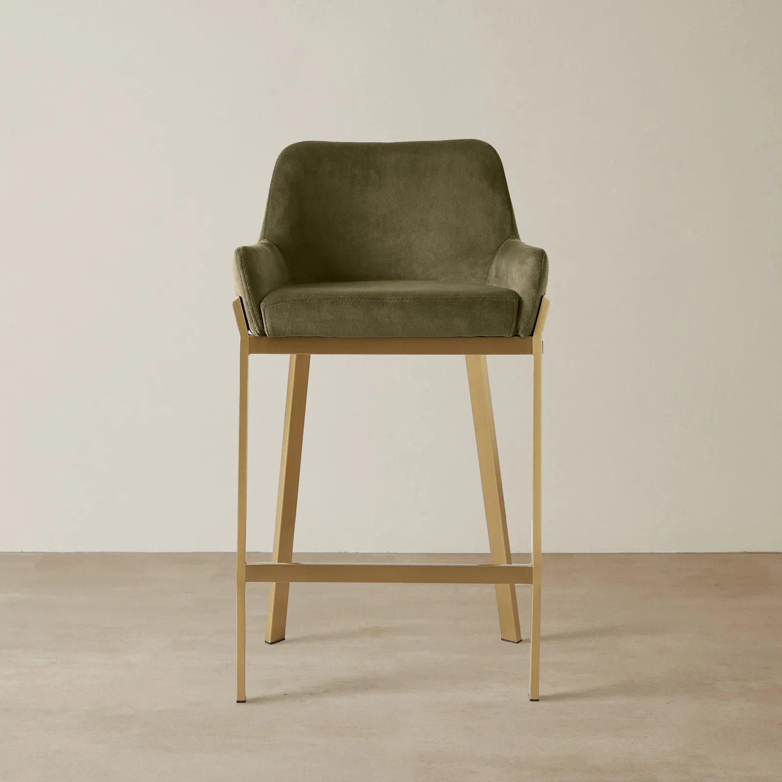 Arya II Olive Green Velvet 67cm Counter Stool - Brushed Gold Metal Legs ...