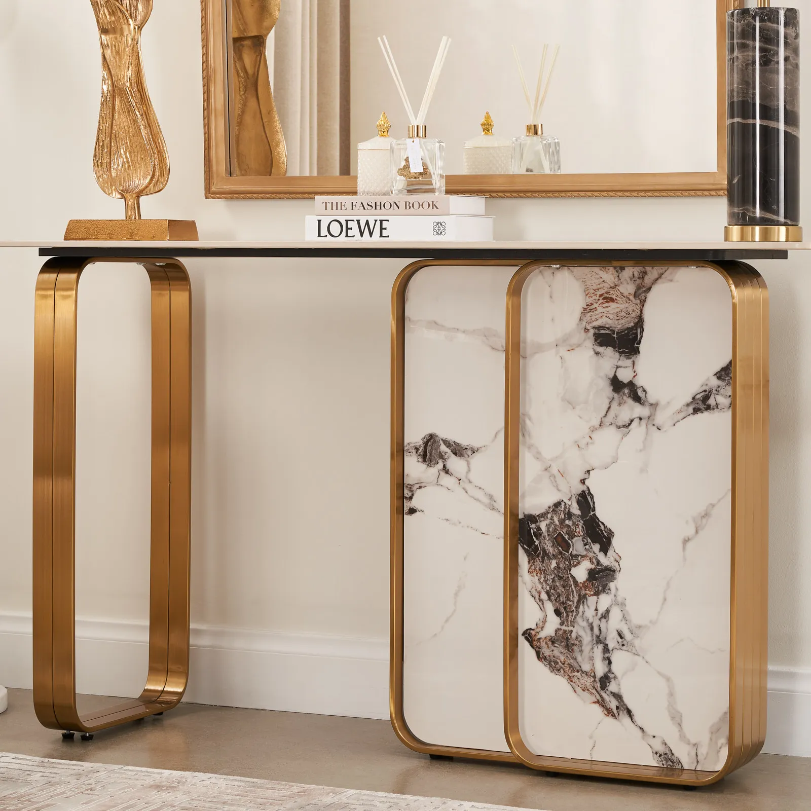 Marbella Cold Calacatta White Sintered Stone Console Table Brushed Gold Frame