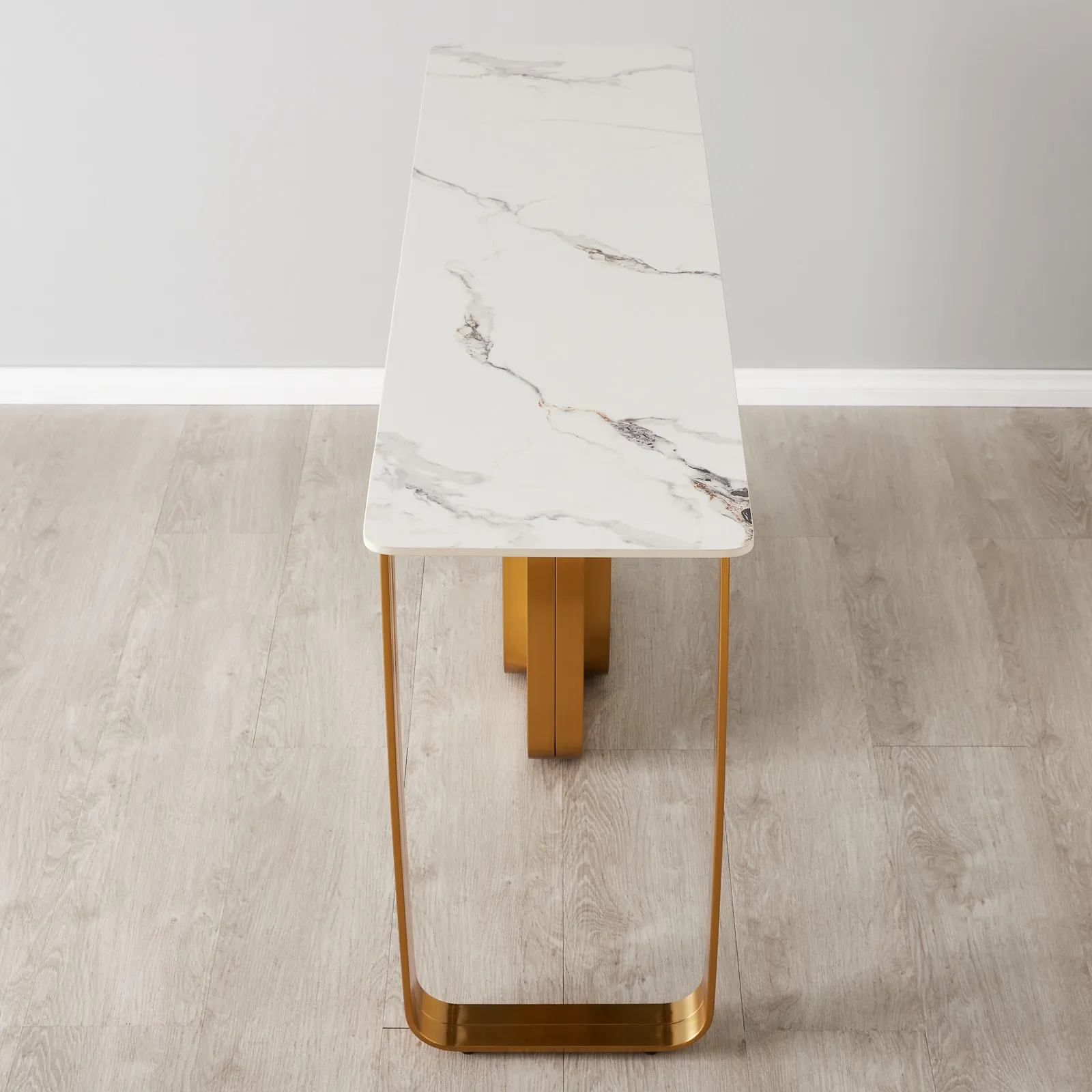 Marbella Cold Calacatta White Sintered Stone Console Table - Brushed Gold Frame