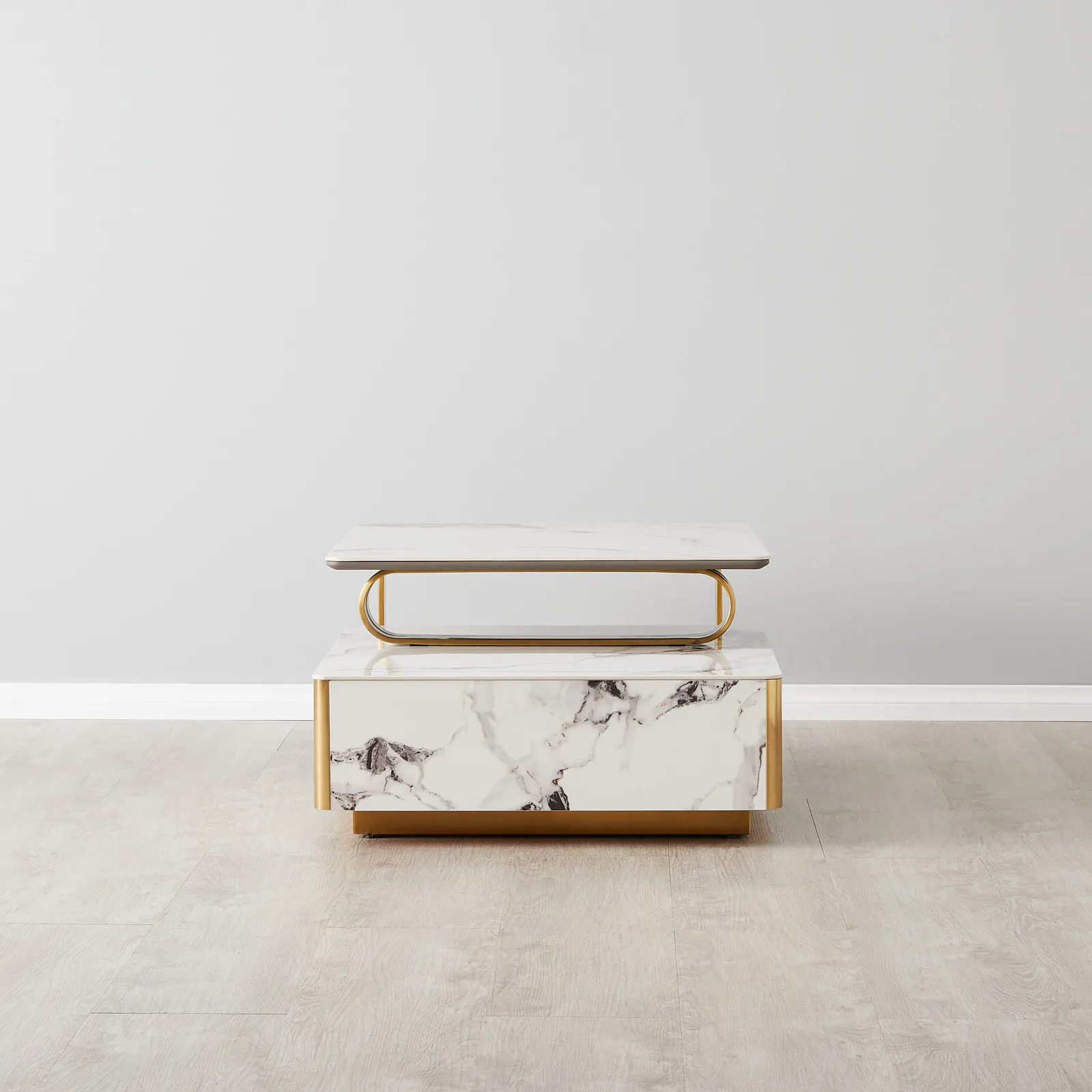 Marbella 2-Layered Cold Calacatta White Sintered Stone Coffee Table - Brushed Gold Frame | Koala ...