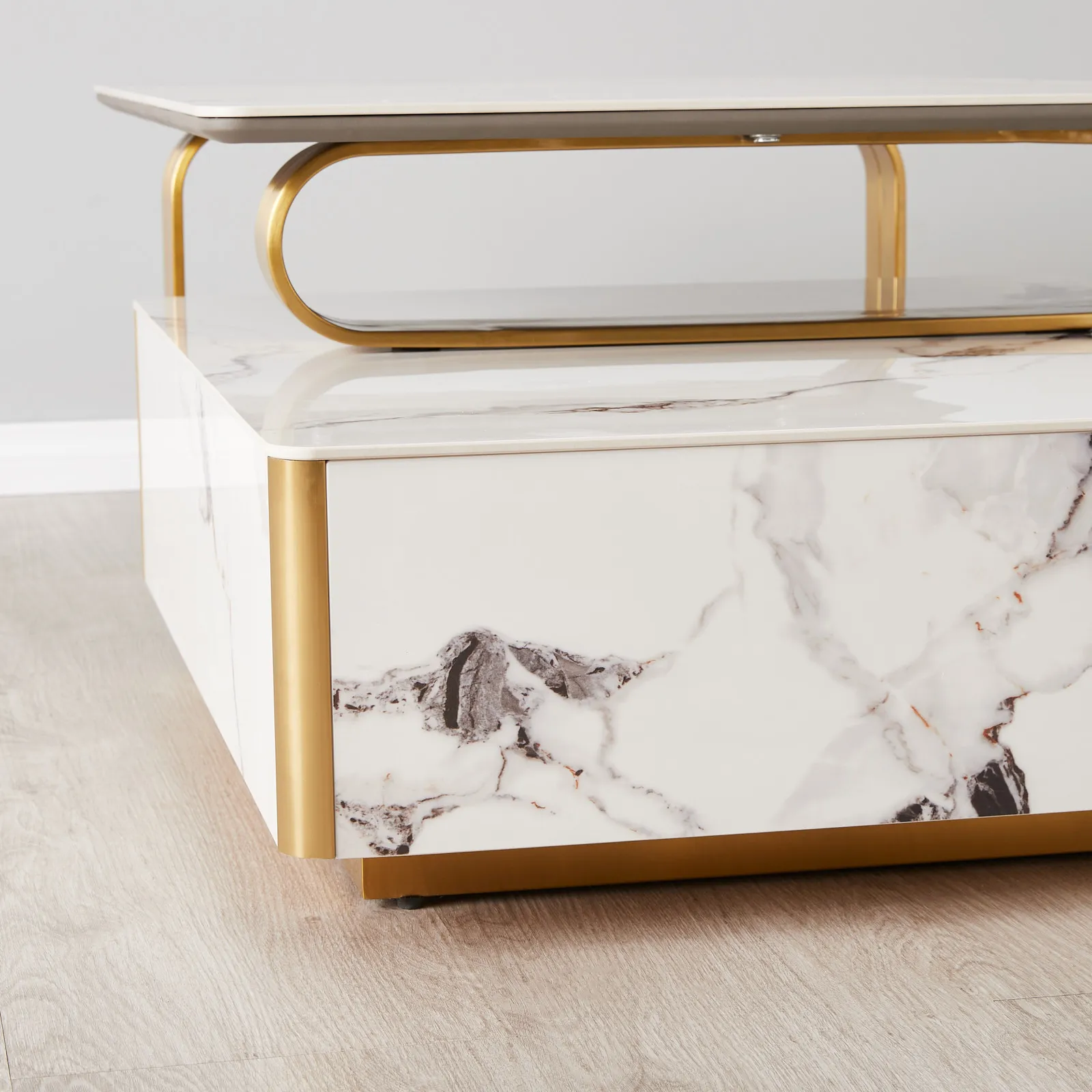 Marbella 2-Layered Cold Calacatta White Sintered Stone Coffee Table - Brushed Gold Frame | Koala ...