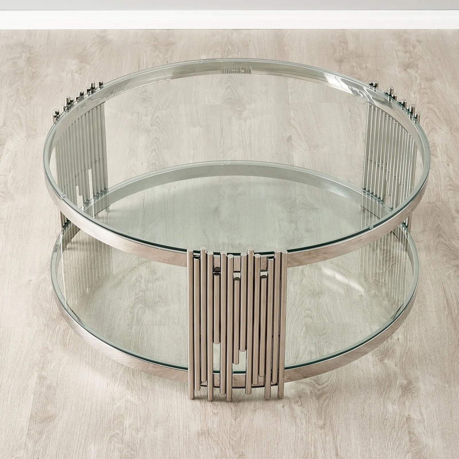Lindsay Polished Stainless Steel Round Coffee Table - Clear Glass Top ...