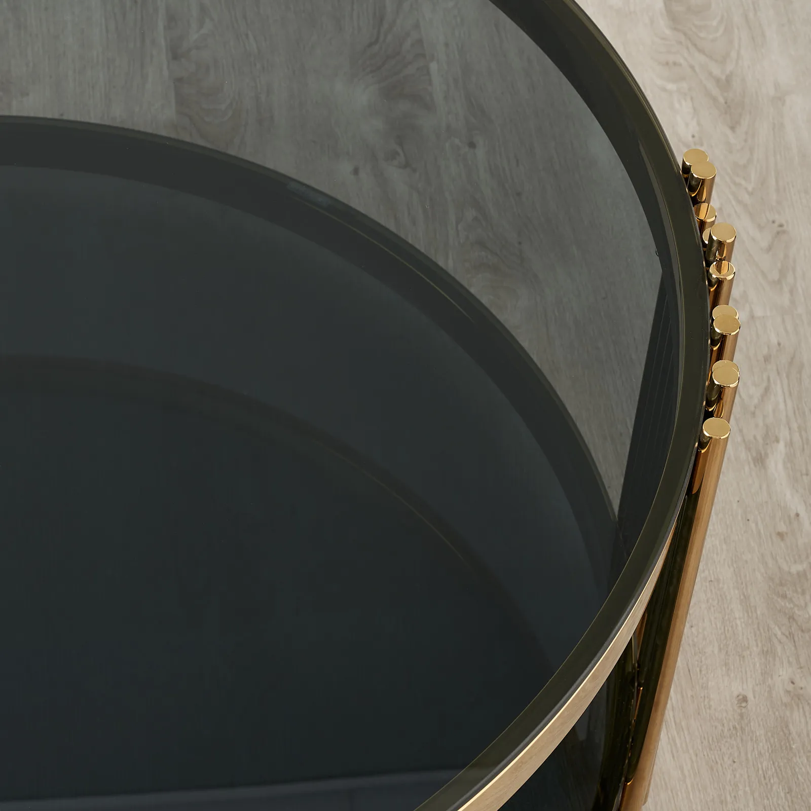 Lindsay Polished Gold Stainless Steel Round Coffee Table - Smoke Glass Top