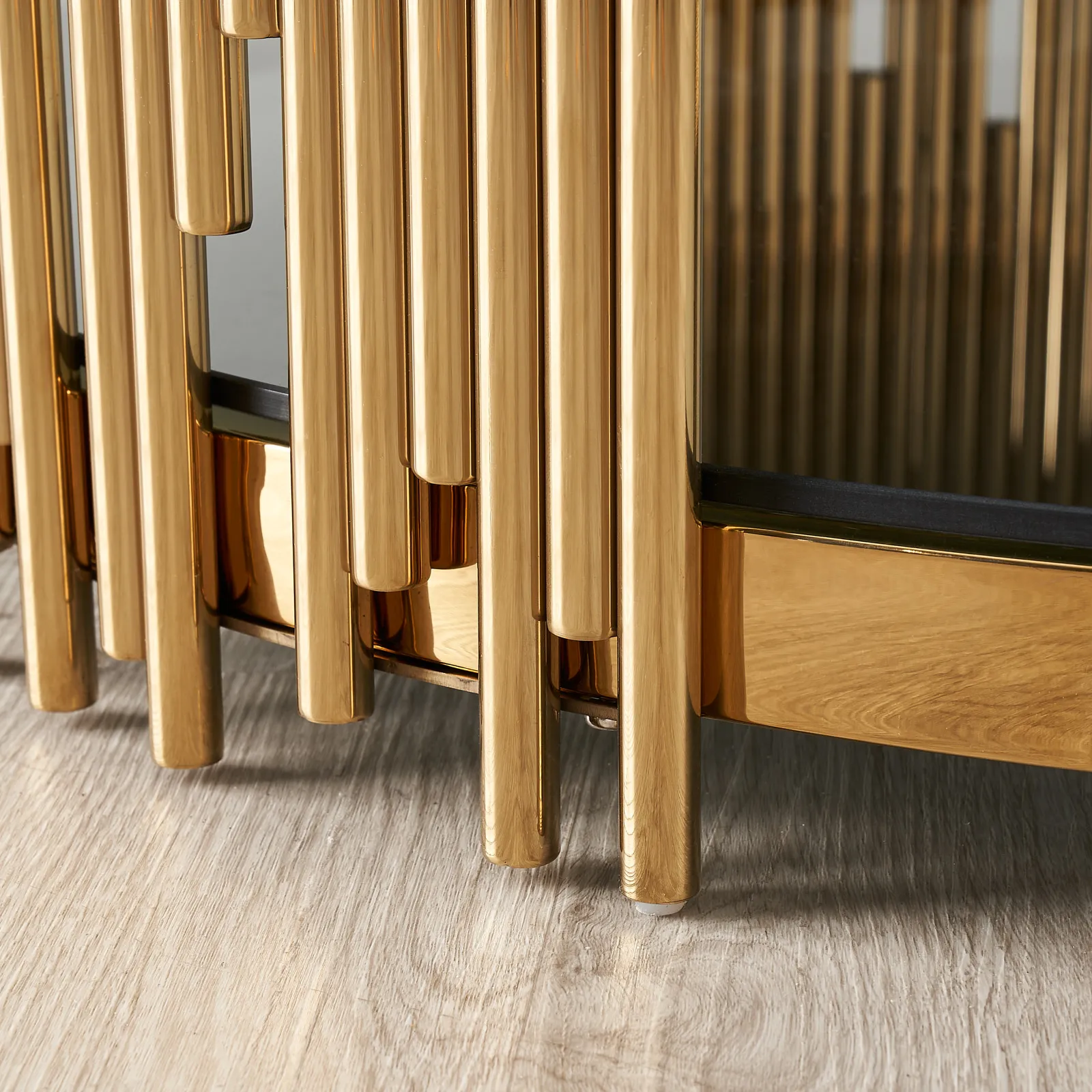 Lindsay Polished Gold Stainless Steel Round Coffee Table - Smoke Glass Top