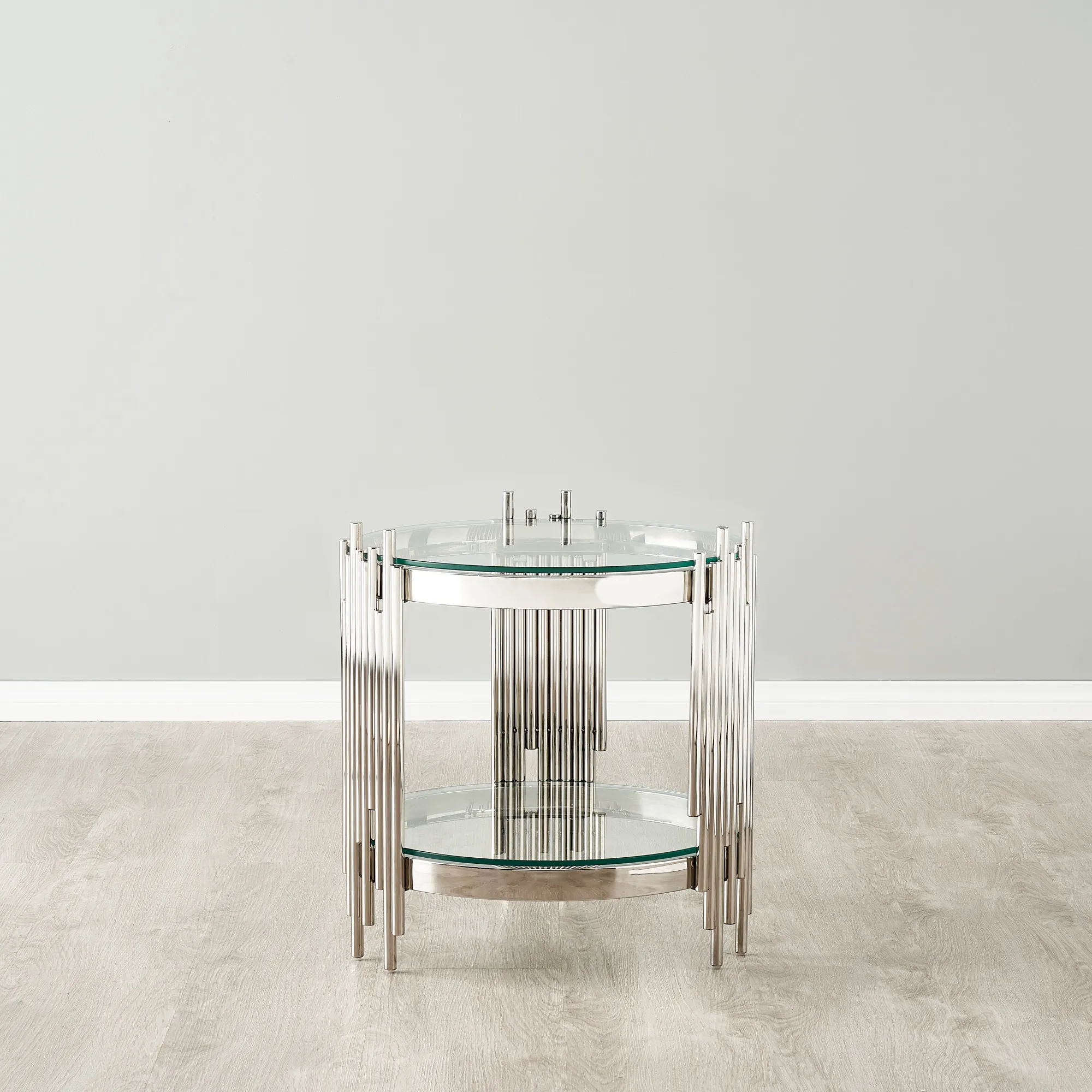 Lindsay Polished Stainless Steel Round Side Table - Clear Glass Top