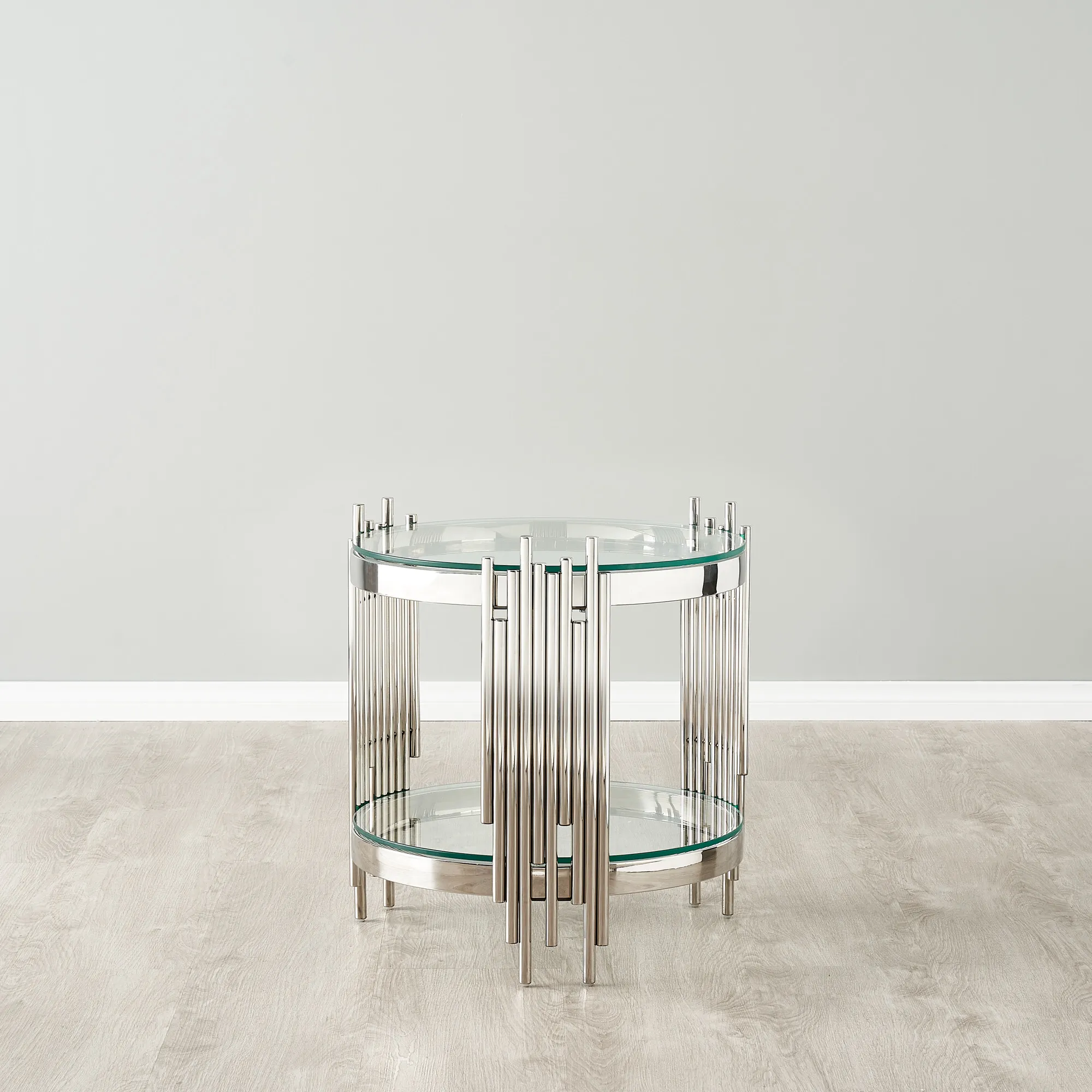 Lindsay Polished Stainless Steel Round Side Table - Clear Glass Top