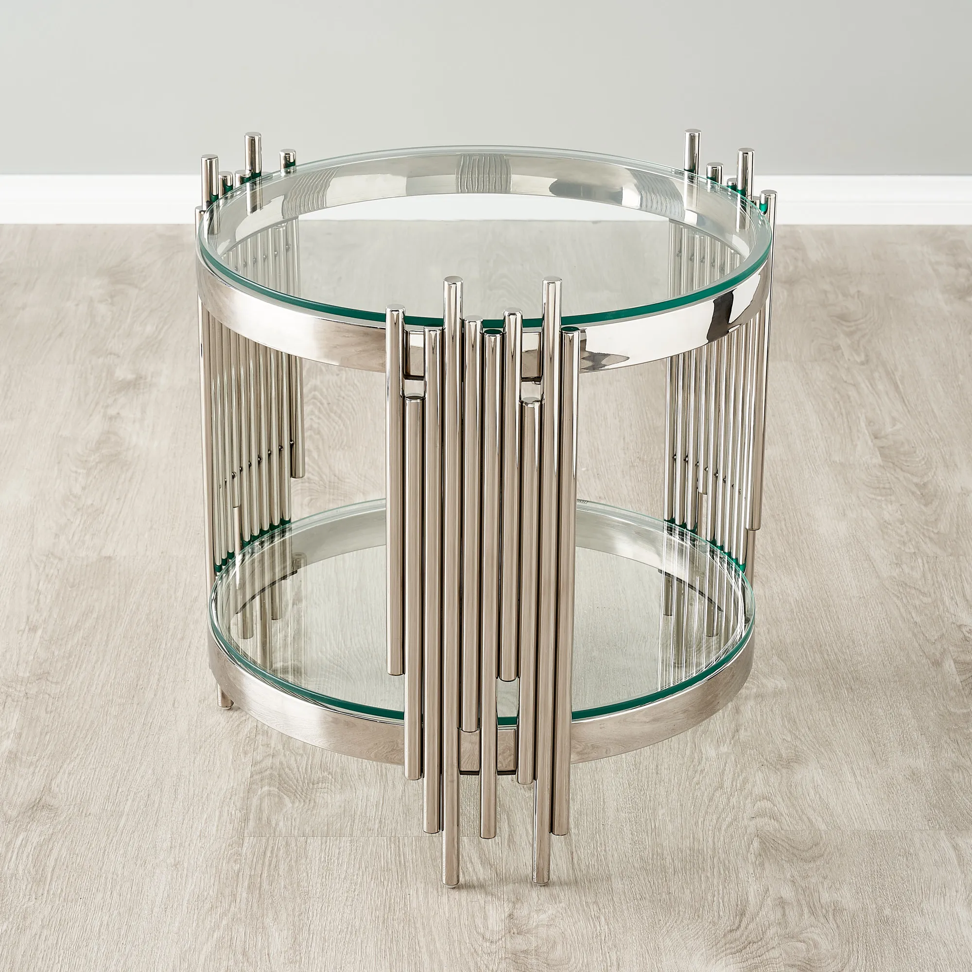 Lindsay Polished Stainless Steel Round Side Table - Clear Glass Top