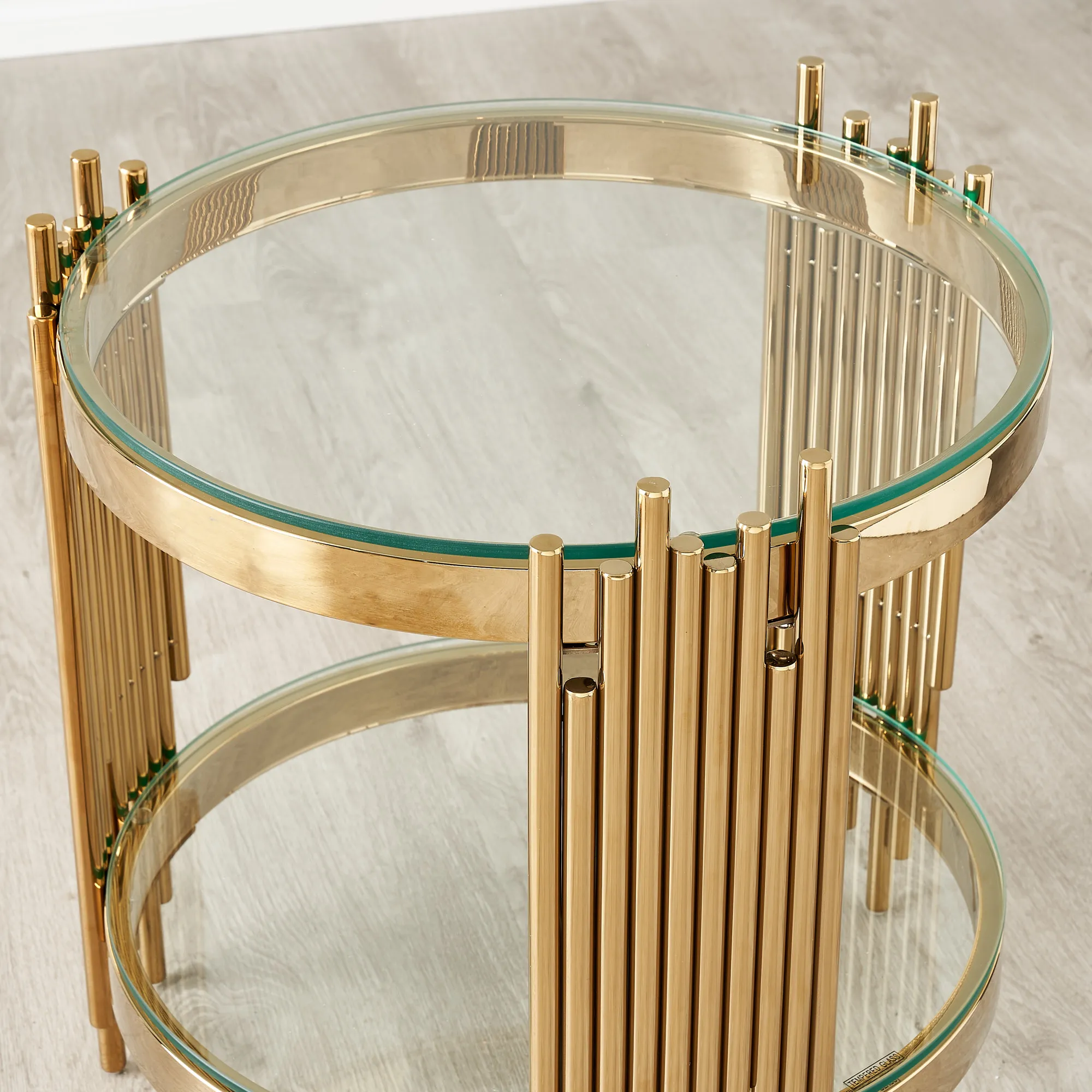 Lindsay Polished Gold Stainless Steel Round Side Table - Clear Glass Top