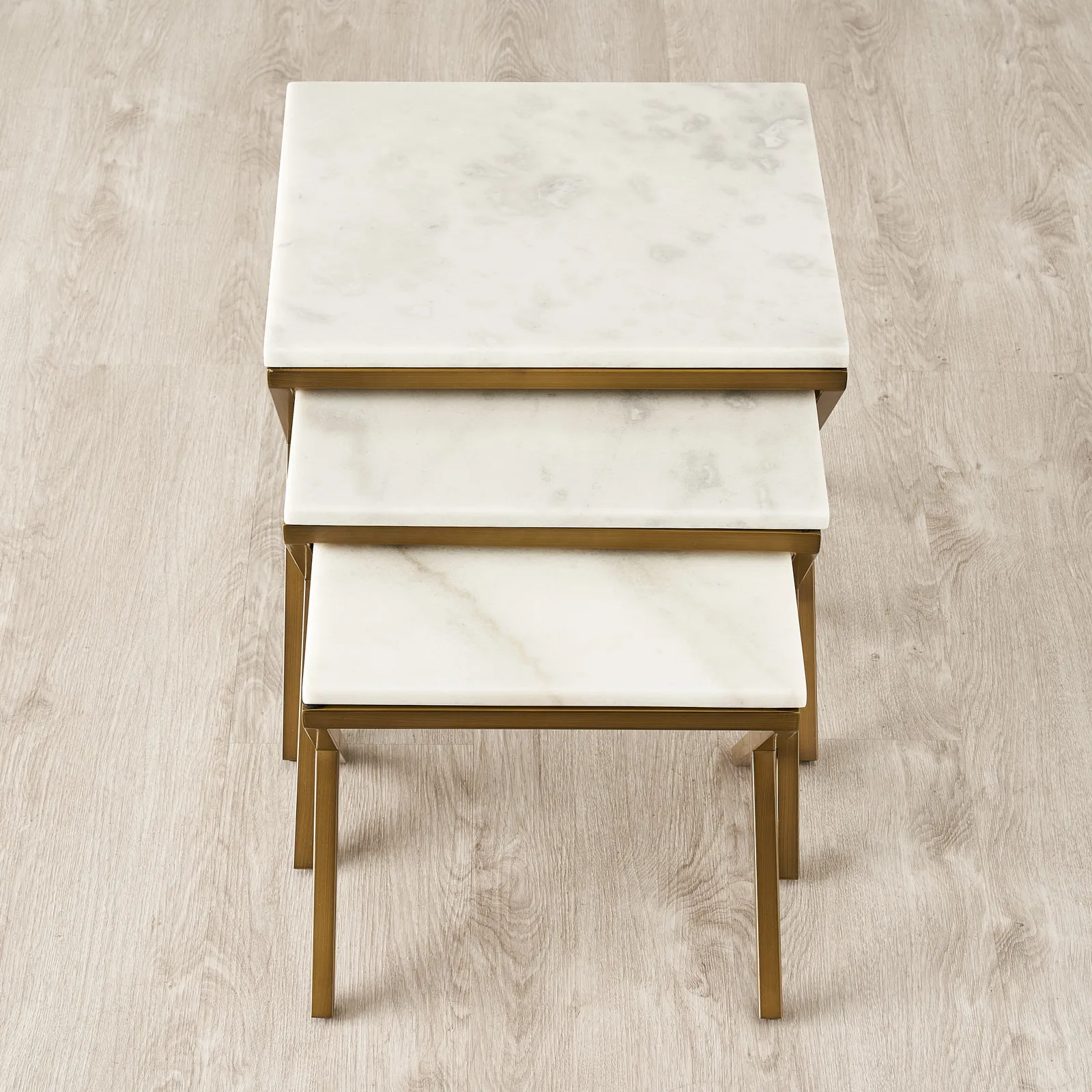 Belle Natural White Marble Nested Side Tables - Brushed Bronze Legs