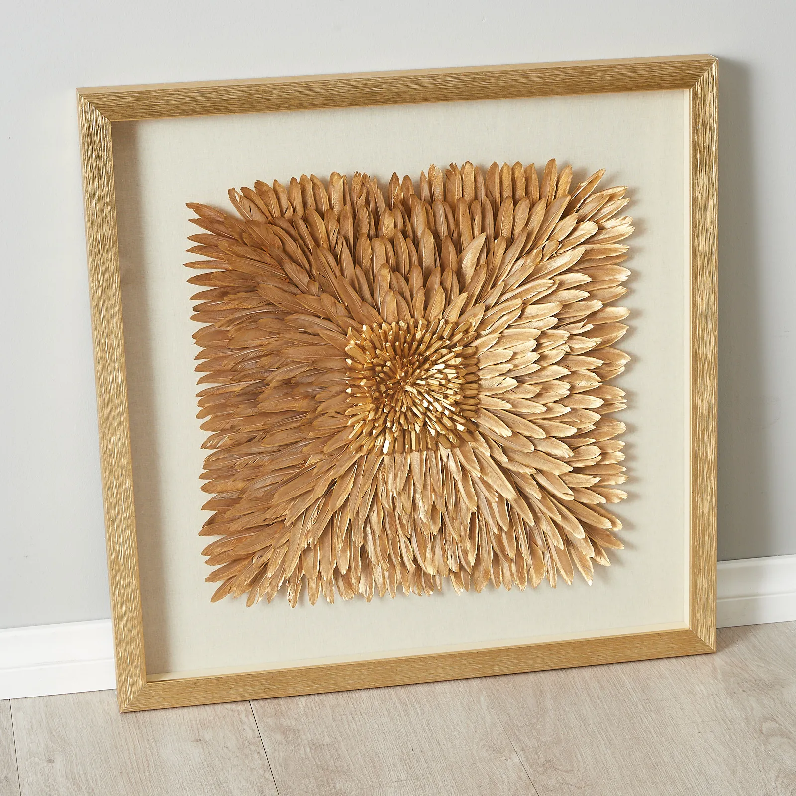 Feather Shadow Box with Golden Frame