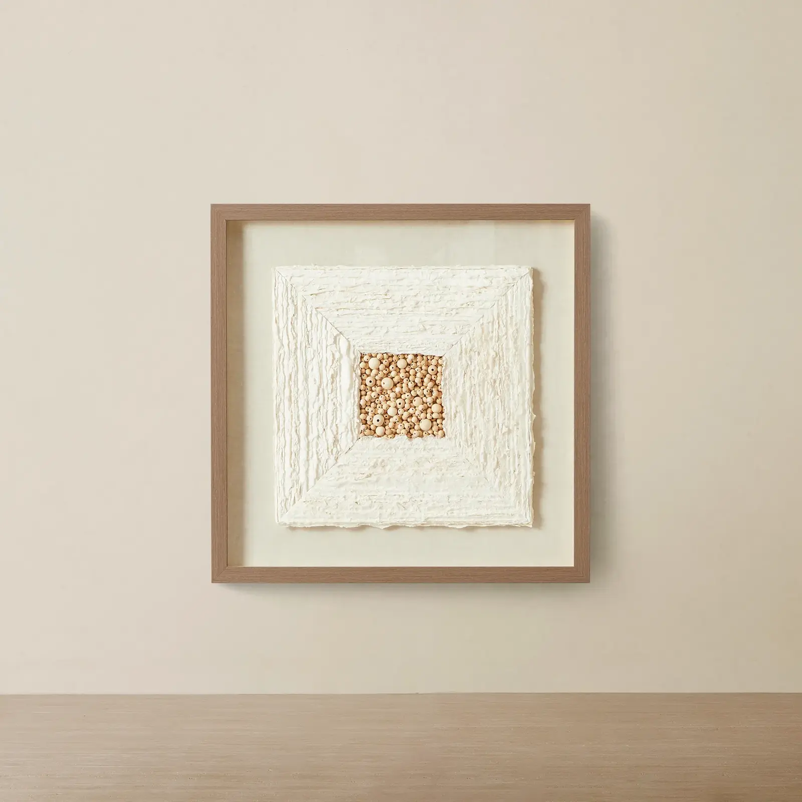 Paper Pulp And Wooden Bead Shadow Box with Light Brown Frame