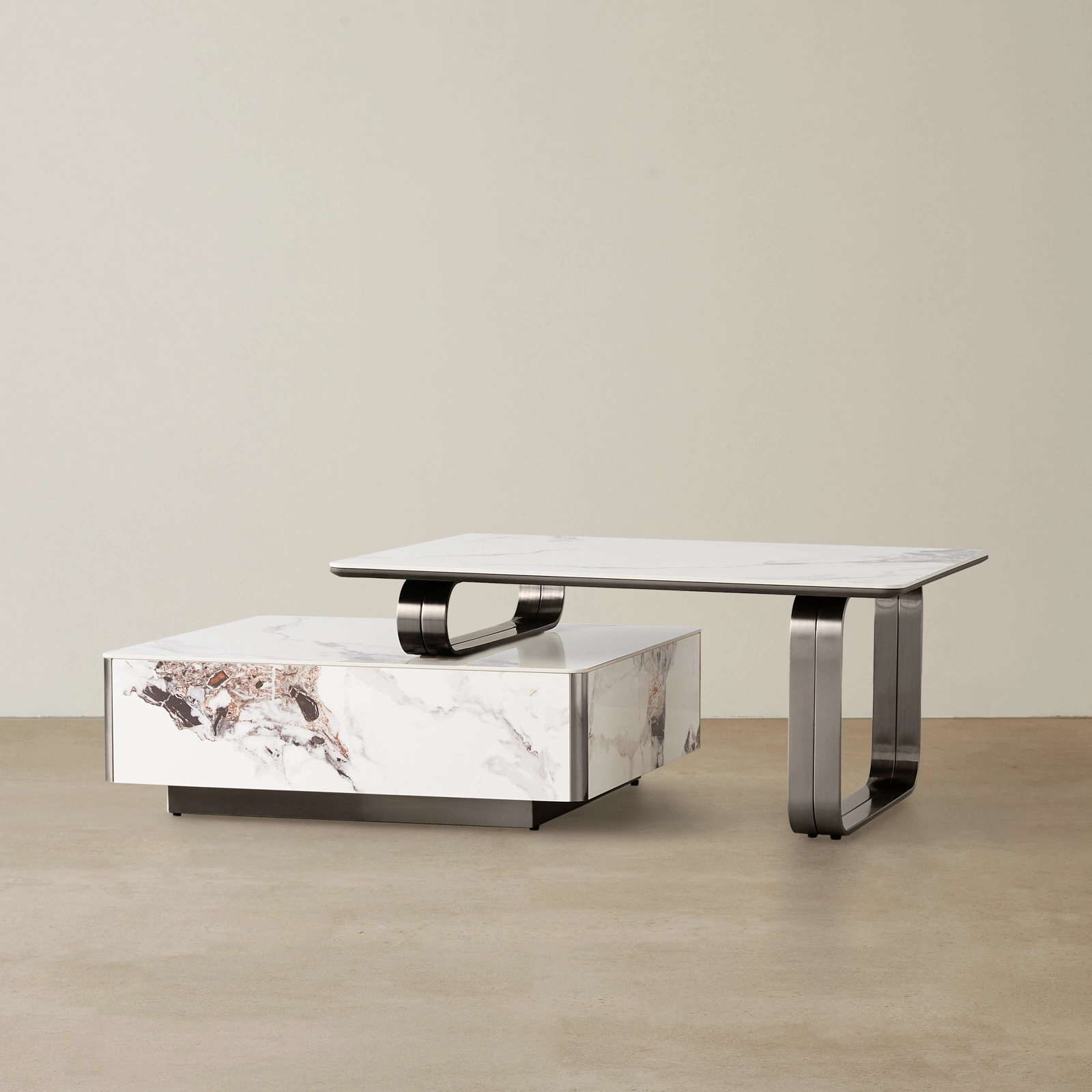 Marbella 2-Layered Cold Calacatta White Sintered Stone Coffee Table - Black Nickel Frame | Koala ...