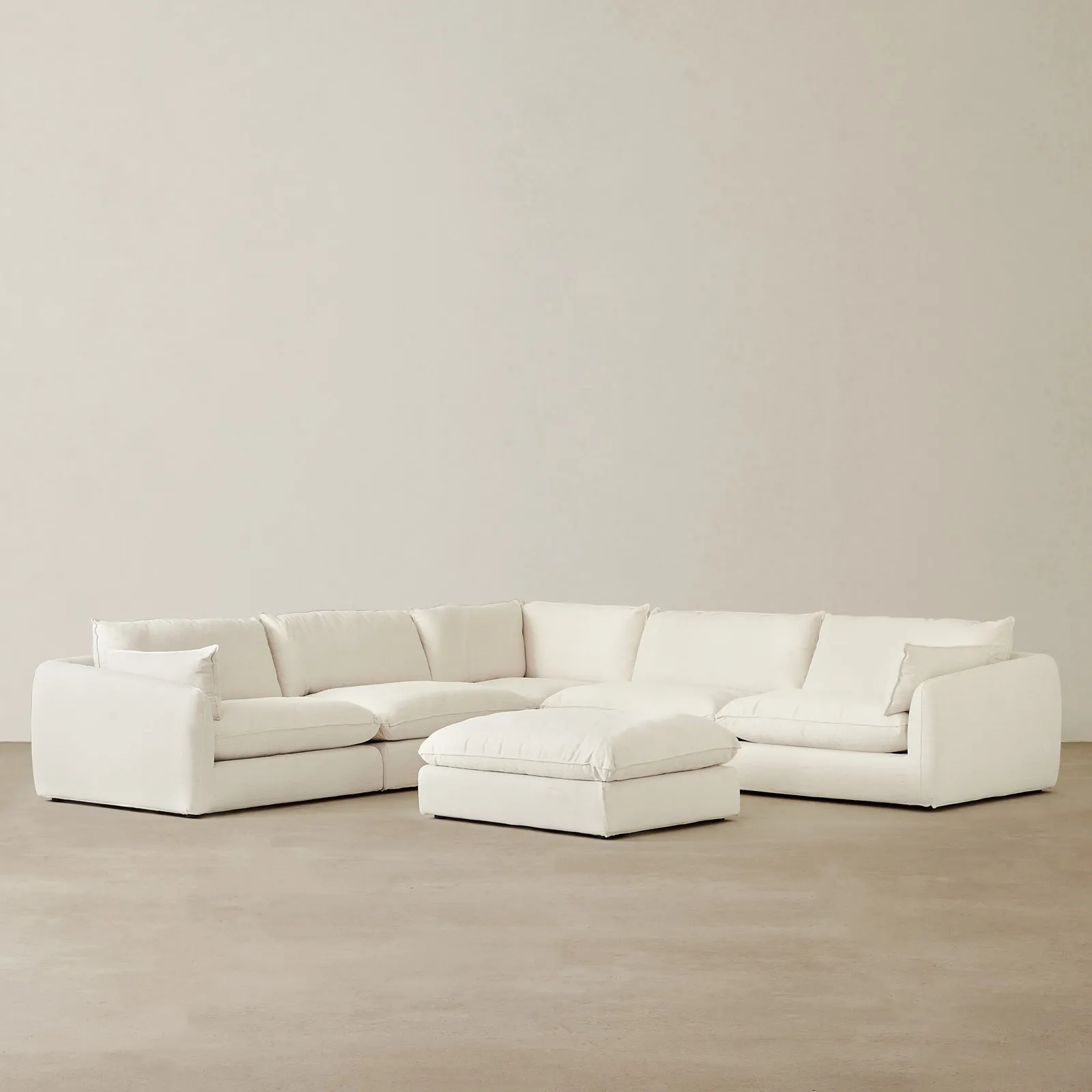 Macie Chiffon White Fabric Modular Corner Sofa with Ottoman