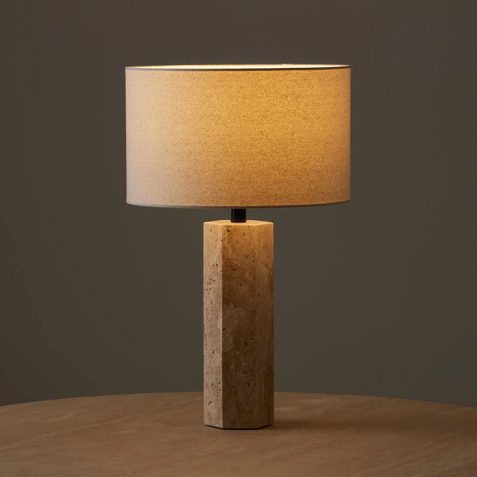 Verlet Travertine Table Lamp - Beige Linen Lamp Shade