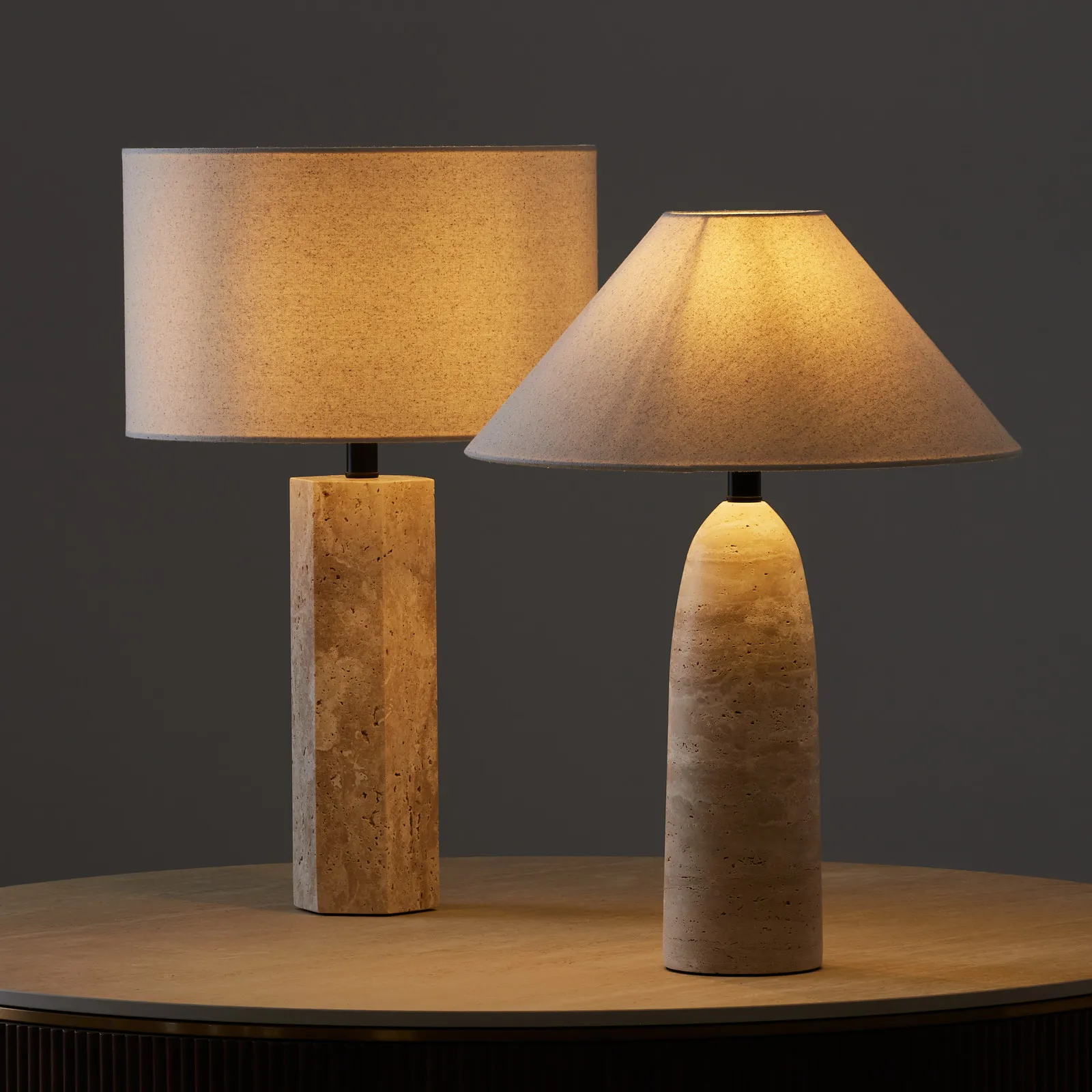Anda Travertine Table Lamp - Beige Linen Lamp Shade