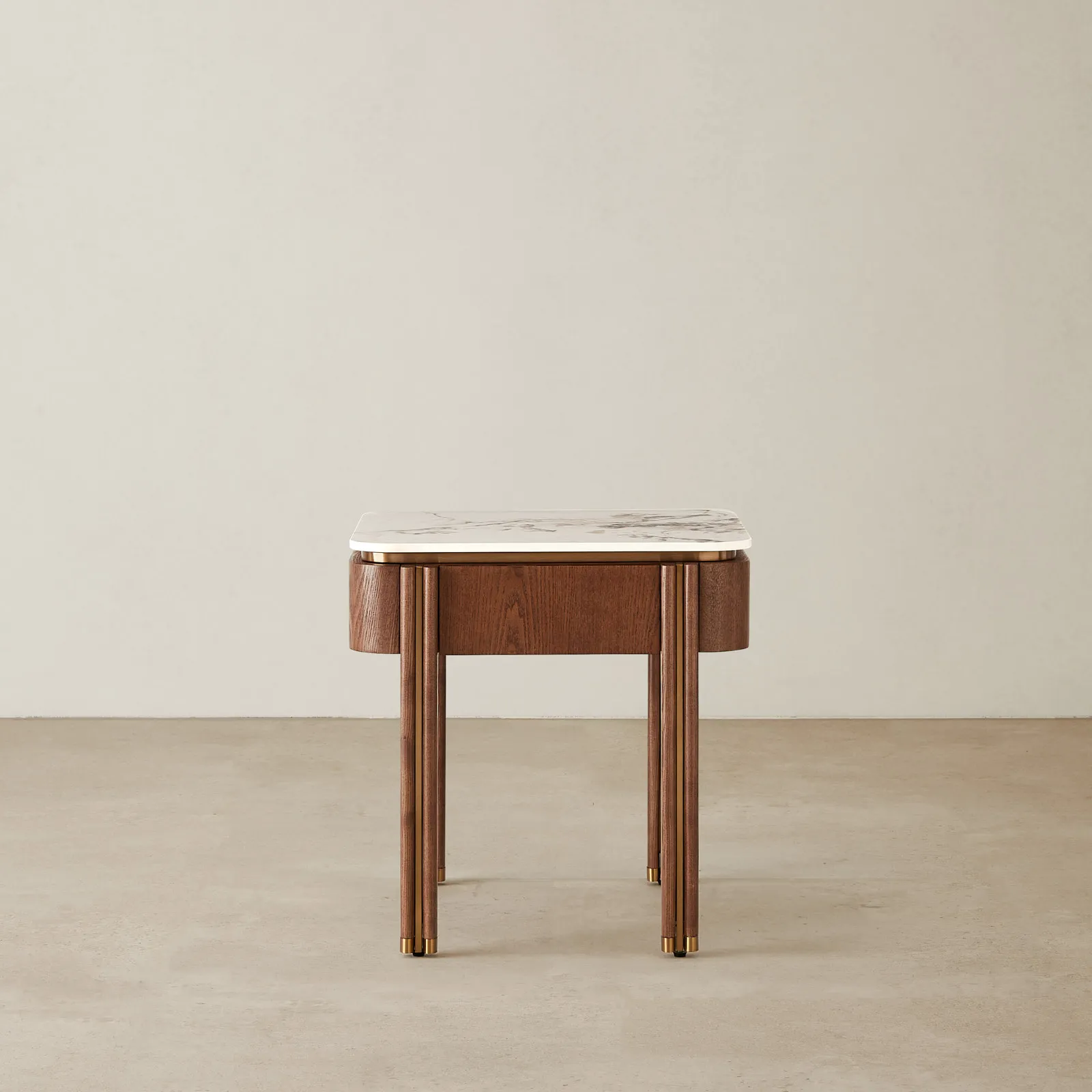 Portobello Toffee Brown Ash Veneer Side Table - Pandora Brown Sintered Stone Top