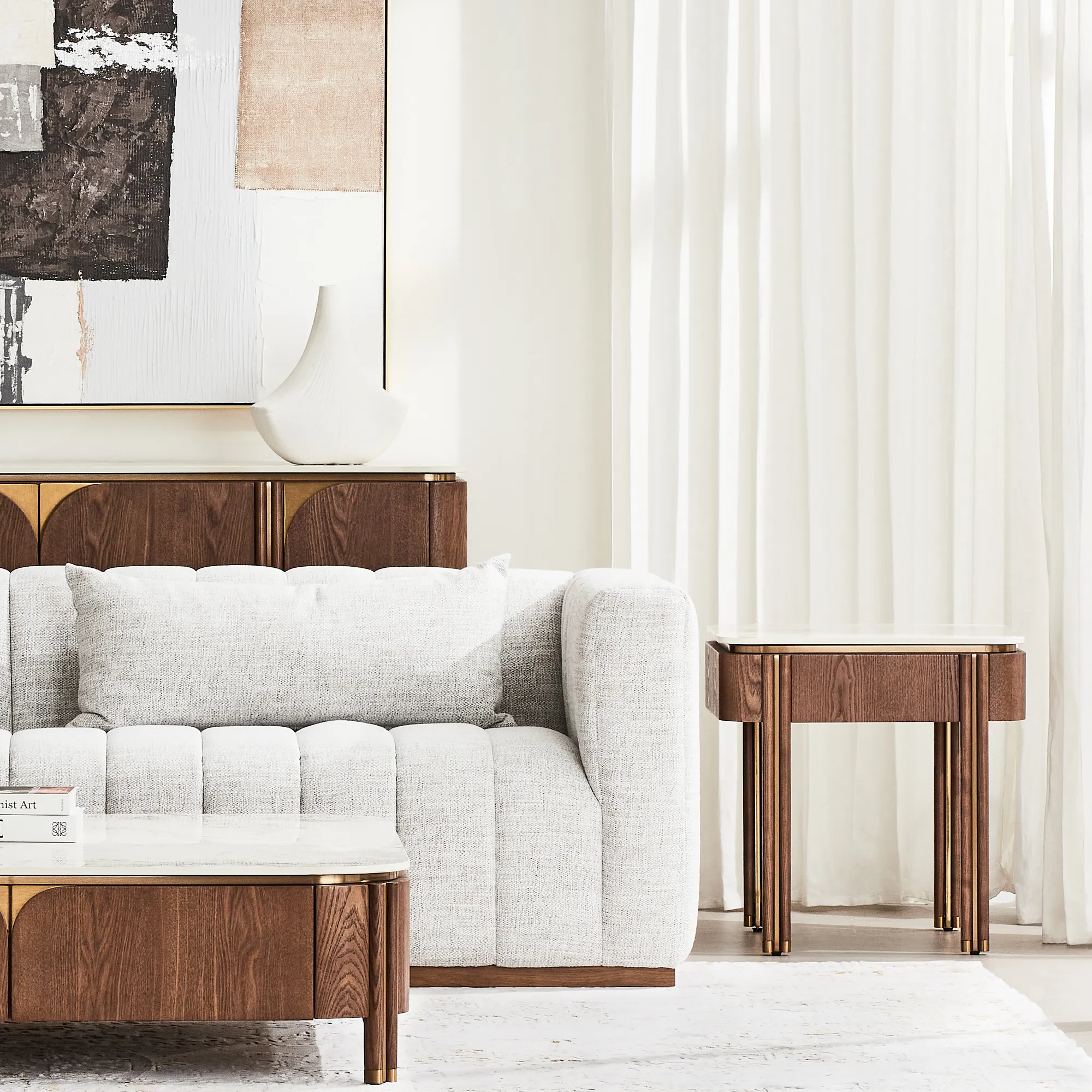 Portobello Toffee Brown Ash Veneer Side Table - Pandora Brown Sintered Stone Top