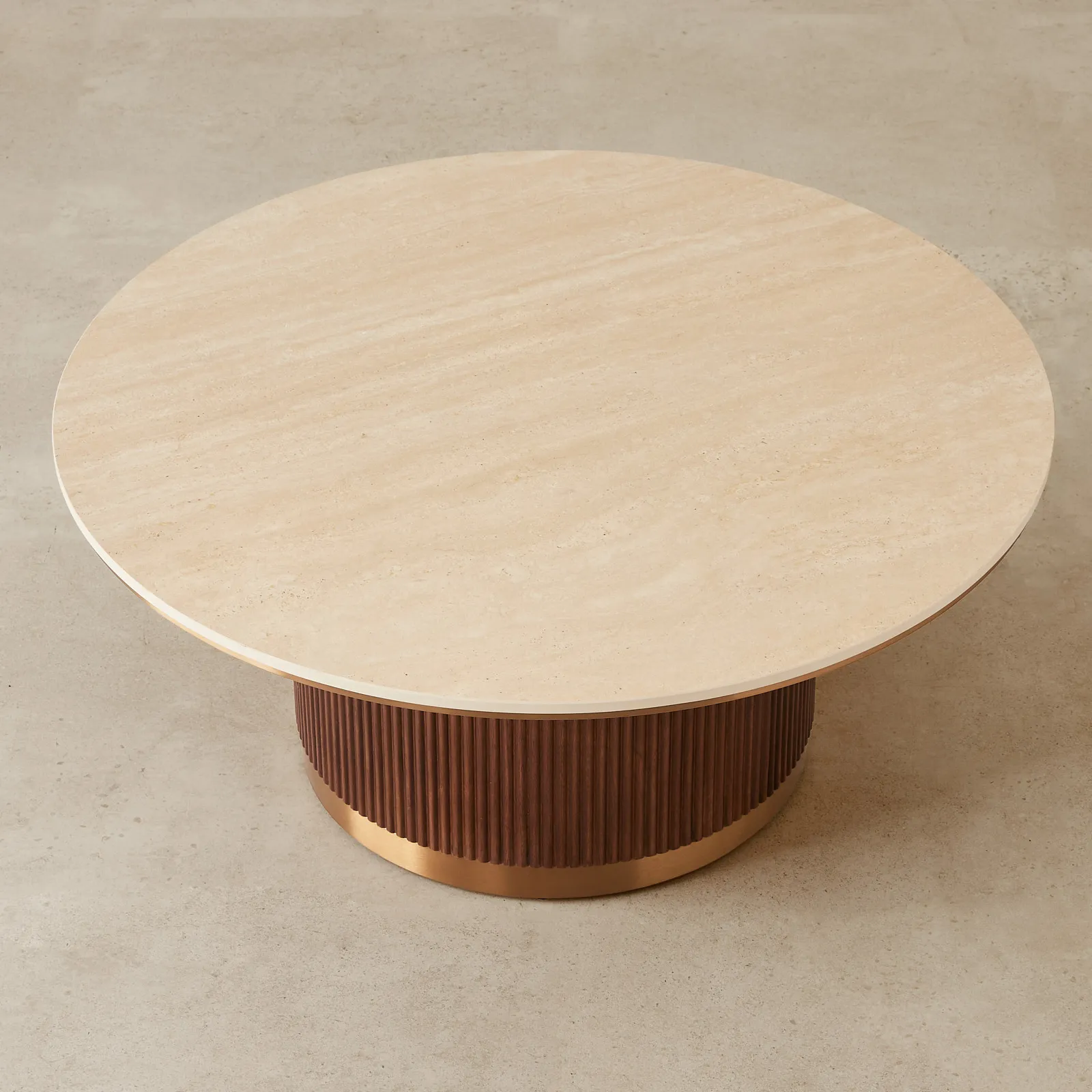 San Pierre Walnut Veneer High Round Coffee Table with Travertine Finish ...