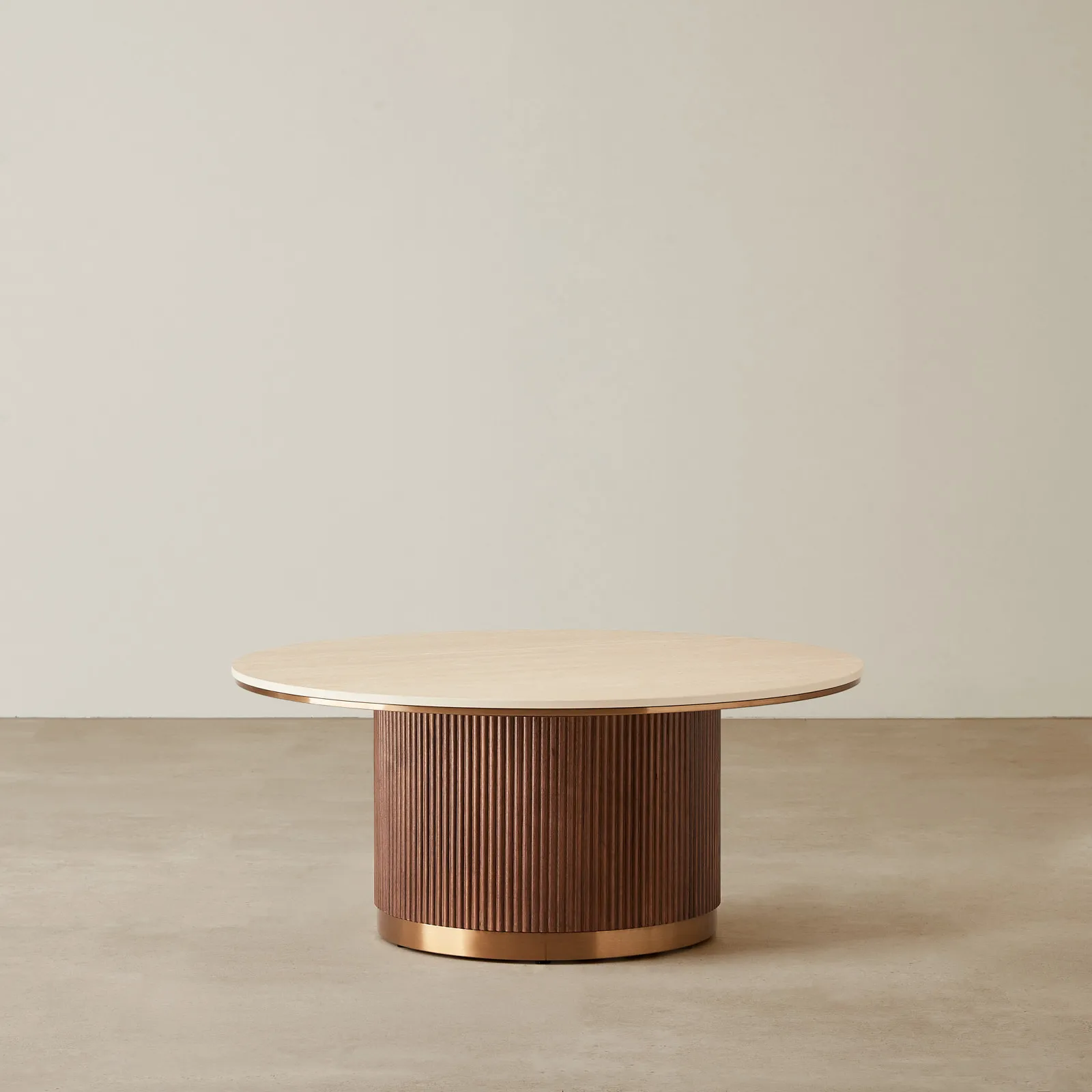 San Pierre Walnut Veneer High Round Coffee Table with Travertine Finish ...