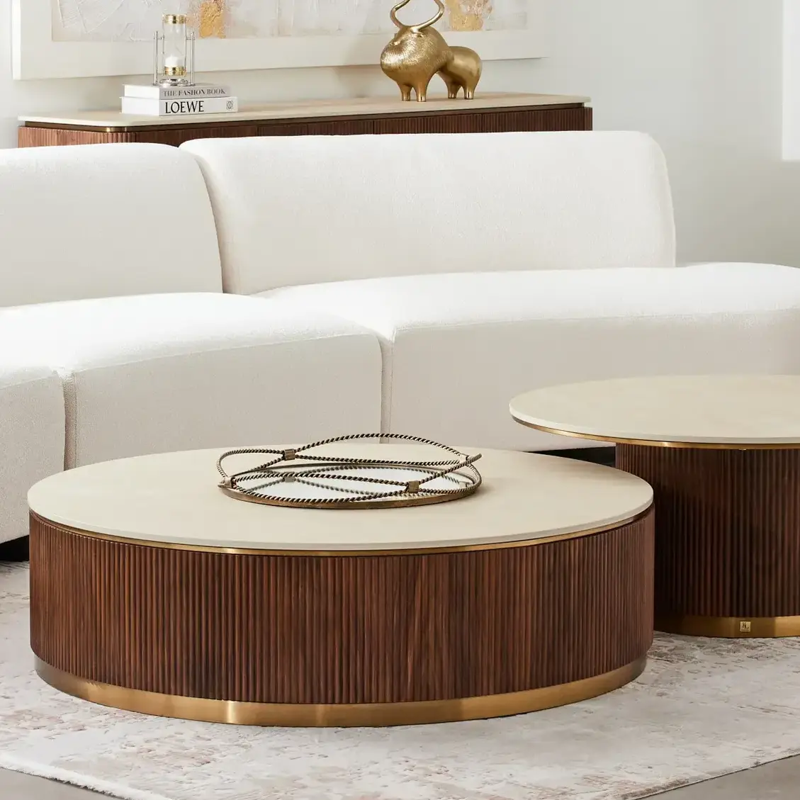 San Pierre Walnut Veneer Low Round Coffee Table with Travertine Finish ...