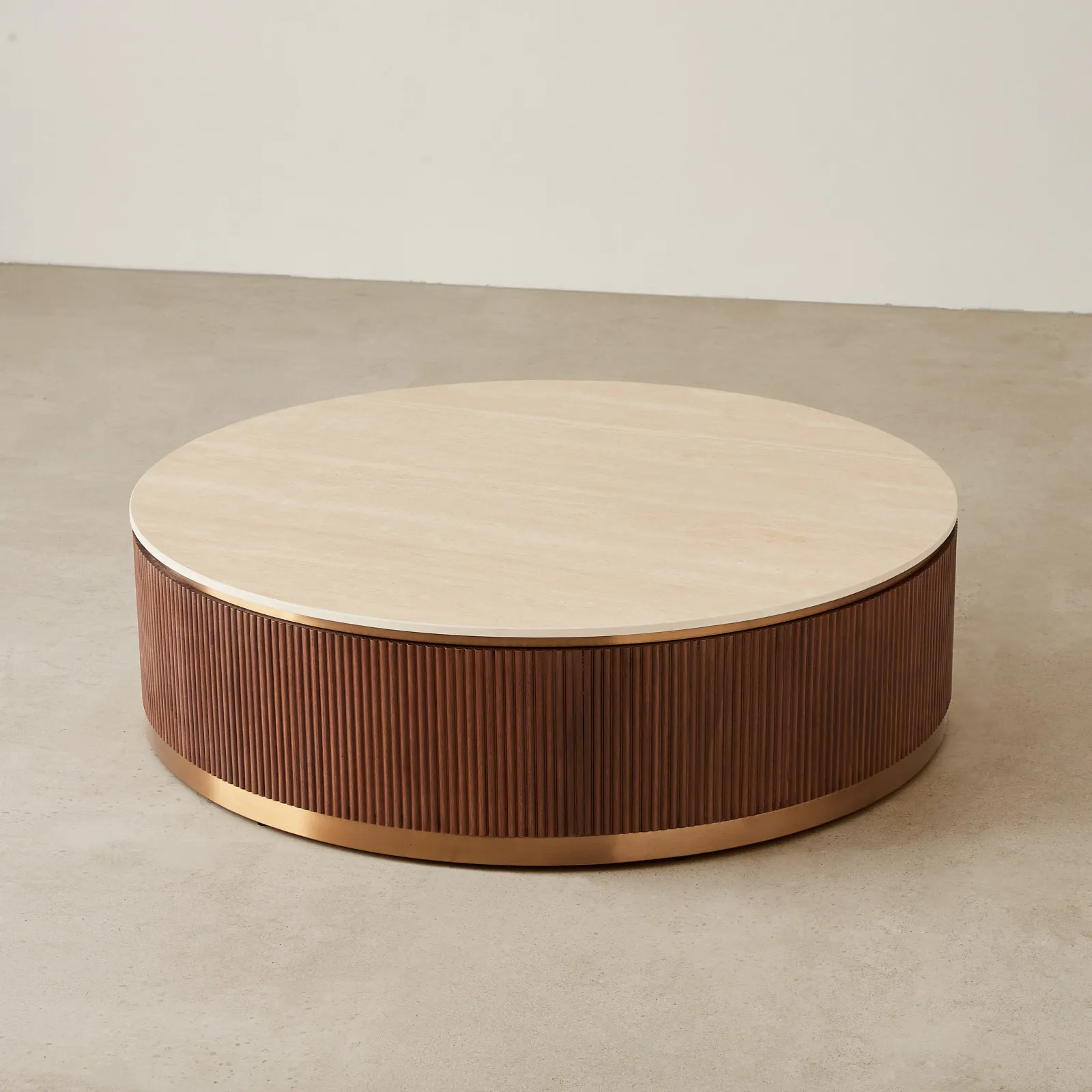 San Pierre Walnut Veneer Coffee Table Low - Travertine Finish Sintered ...