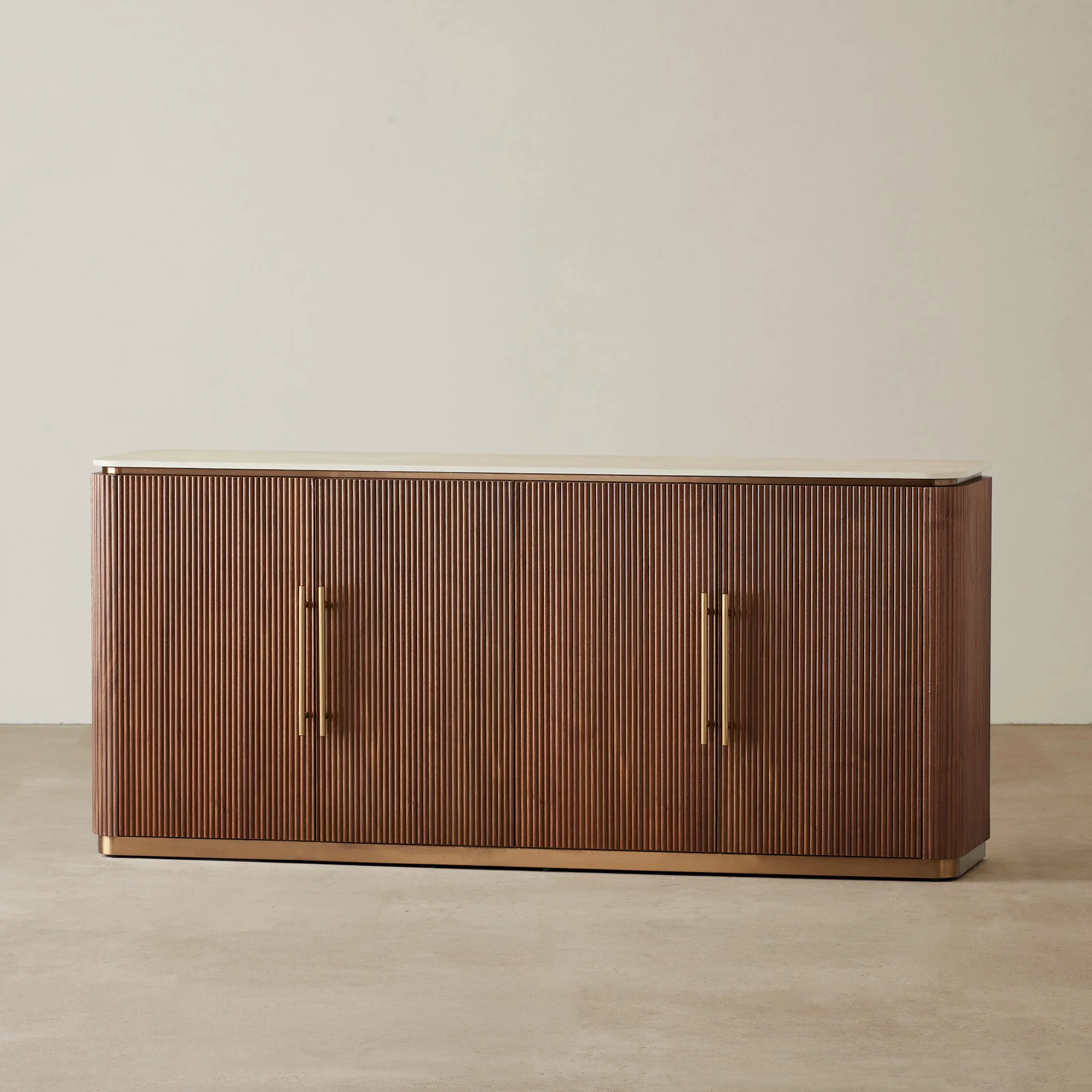 San Pierre Walnut Veneer Sideboard - Travertine Finish Sintered Stone ...