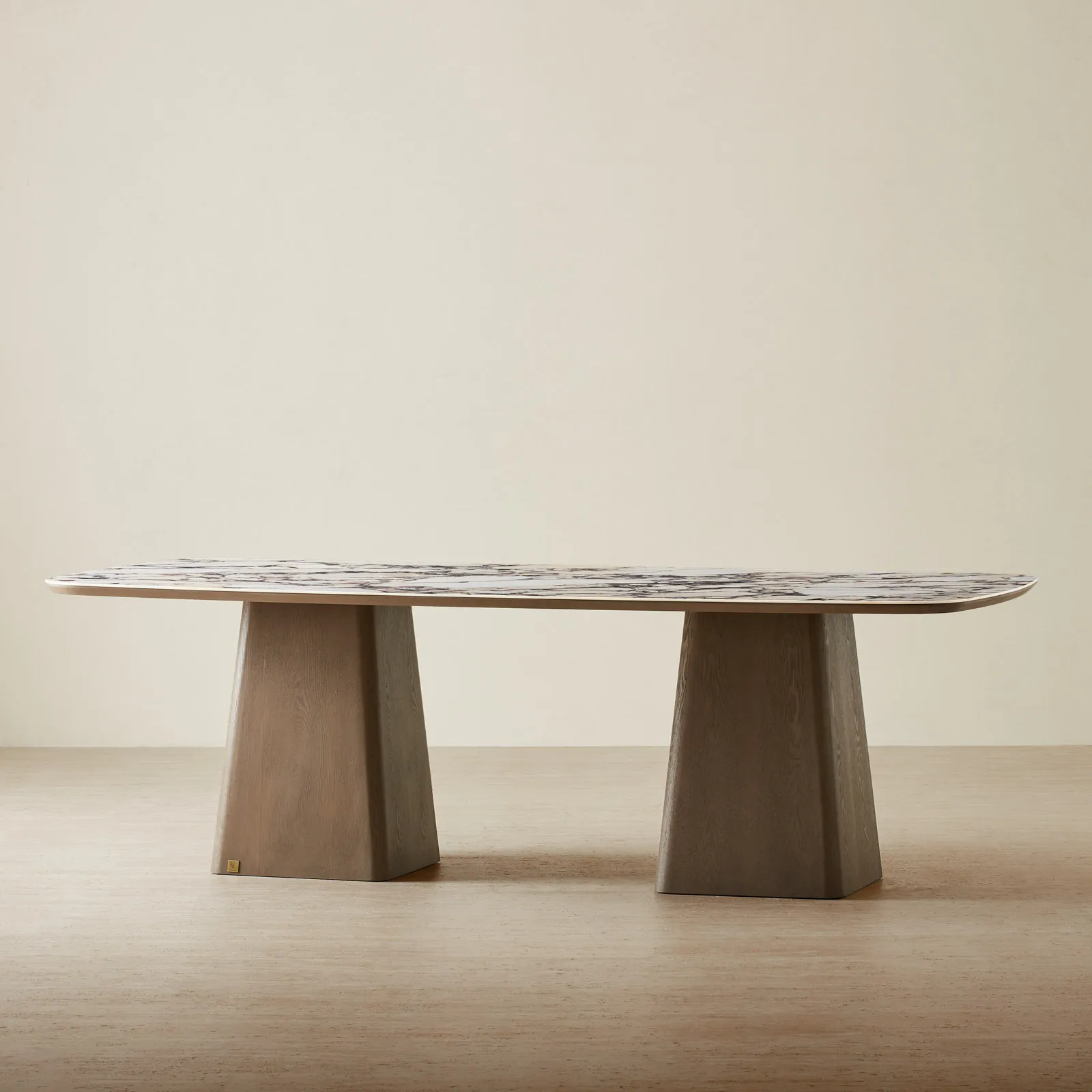 Dunstan Calacatta Viola Sintered Stone Rectangular Dining Table - Medium Brown Wooden Legs