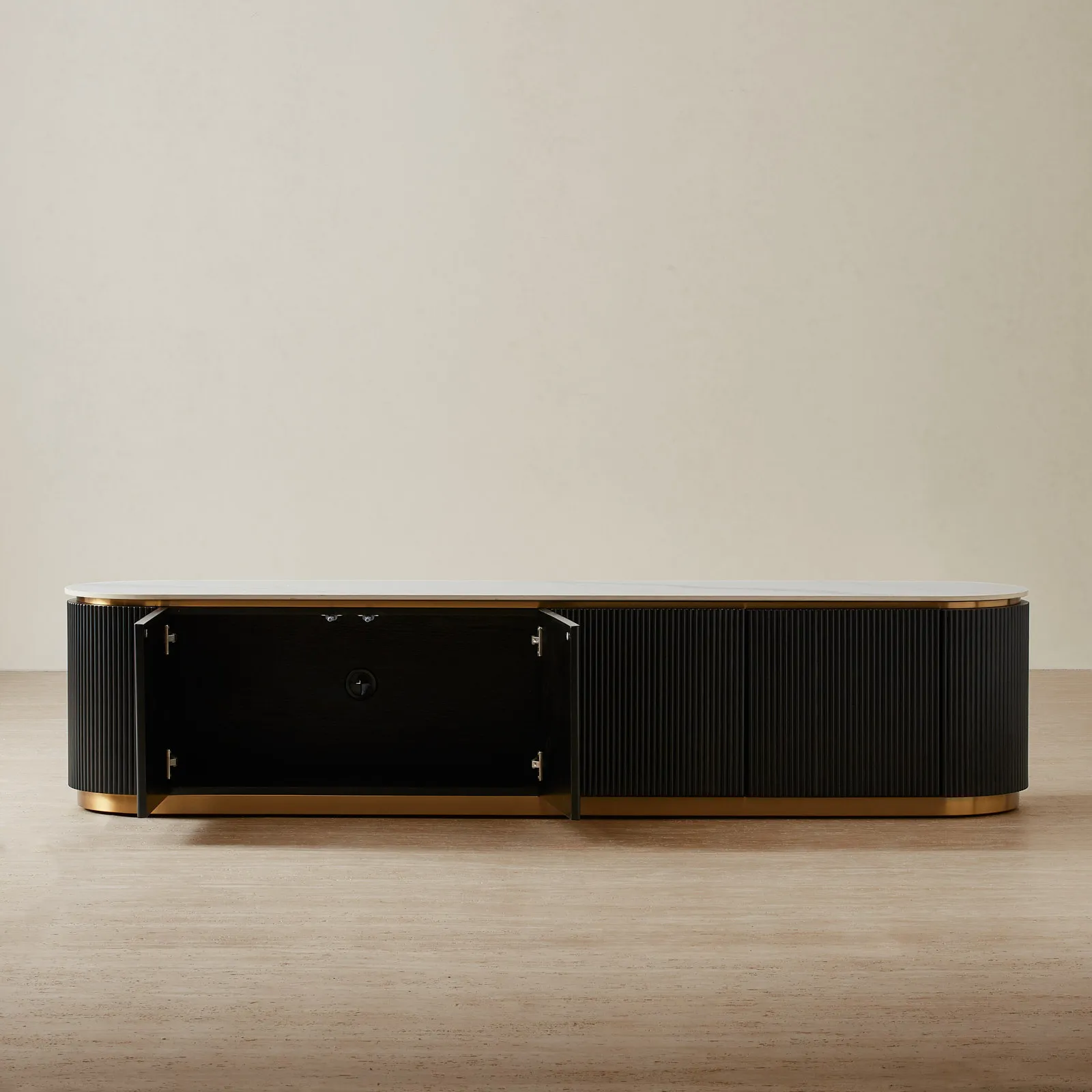 Archie Black Wooden Entertainment Unit with White Sintered Stone Top ...
