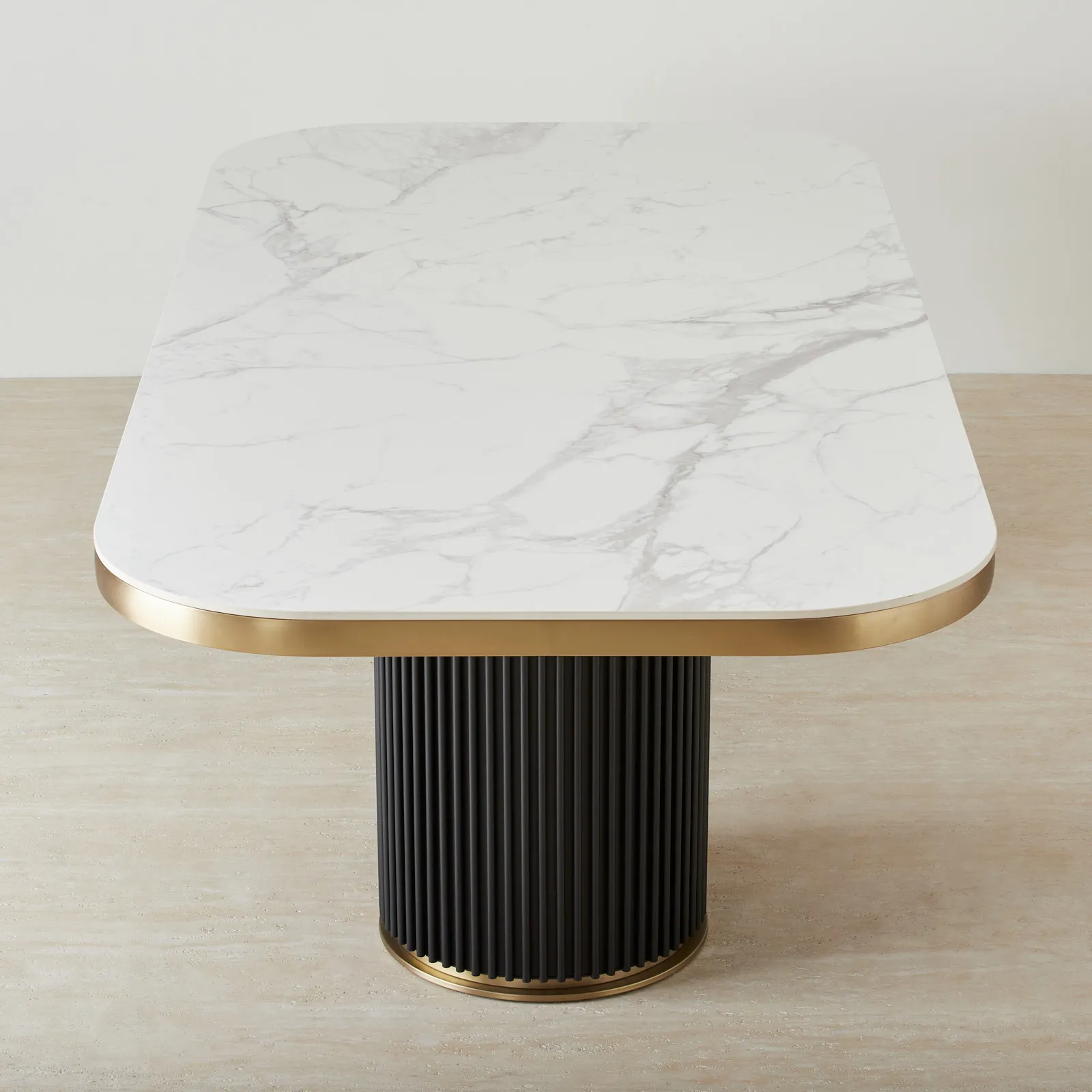 Archie Statuario White Sintered Stone Curved Dining Table - Matte Black ...