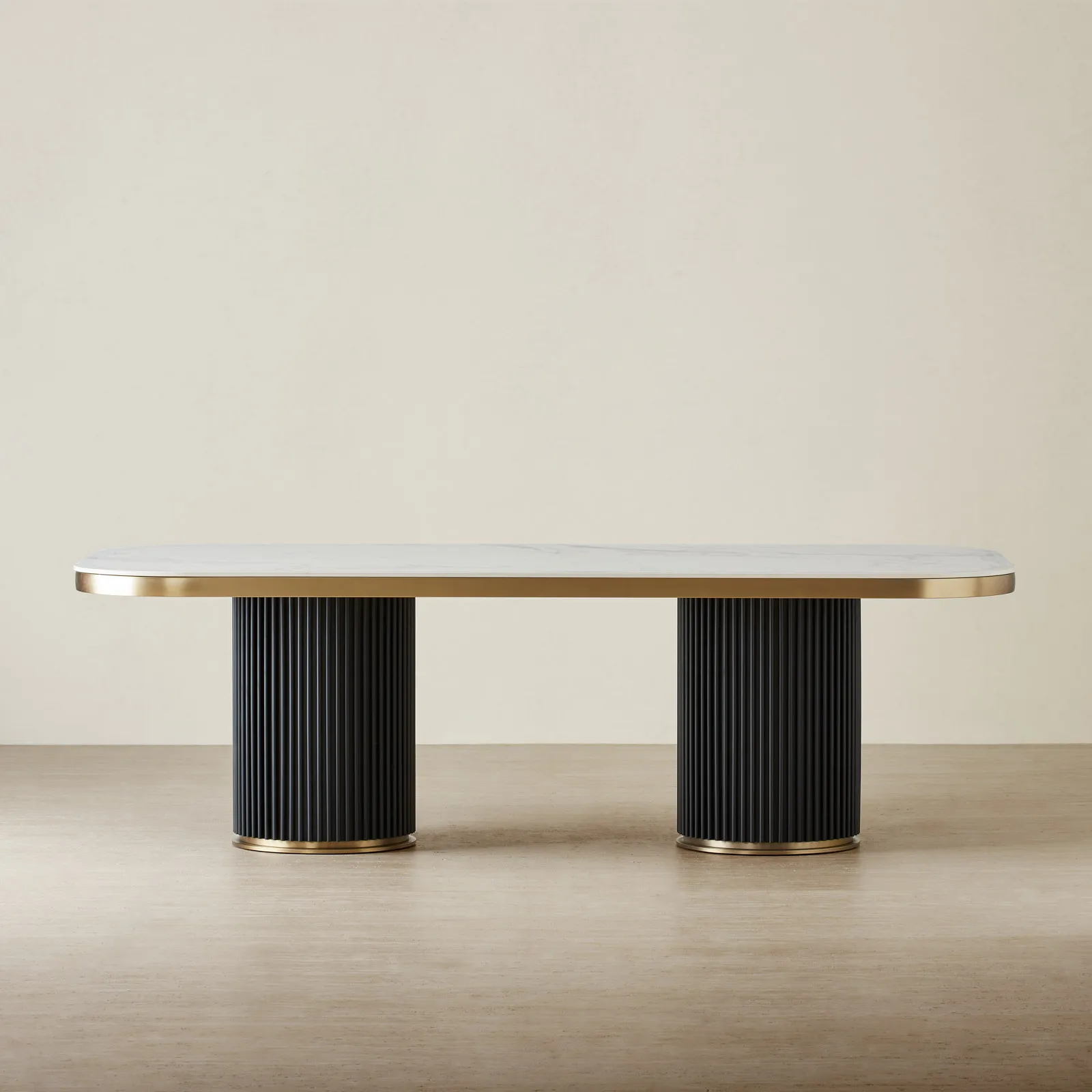 Archie Statuario White Sintered Stone Curved Dining Table - Matte Black ...