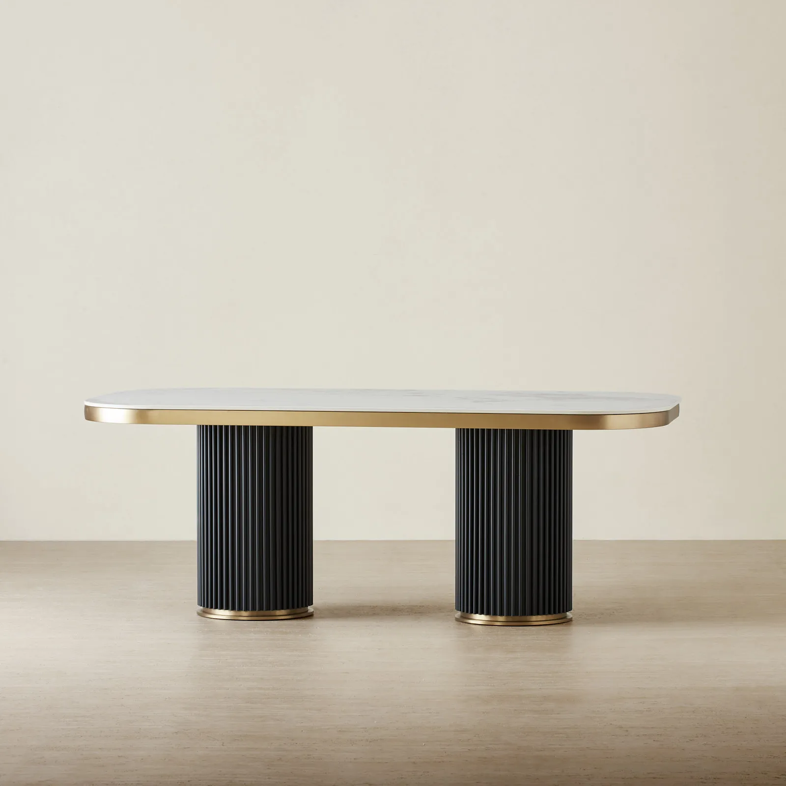 Archie Statuario White Sintered Stone Curved Dining Table - Matte Black ...