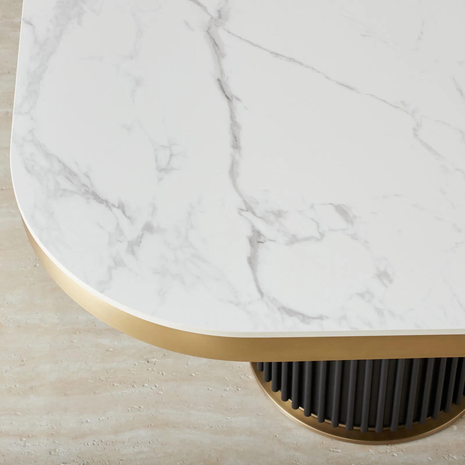 Archie Statuario White Sintered Stone Curved Dining Table - Matte Black ...