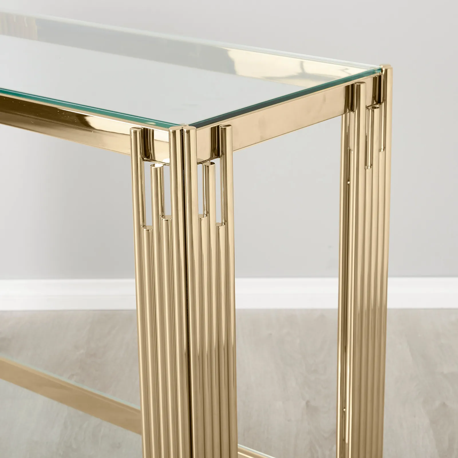 Lindsay Polished Champagne Gold Stainless Steel Console Table | Koala ...