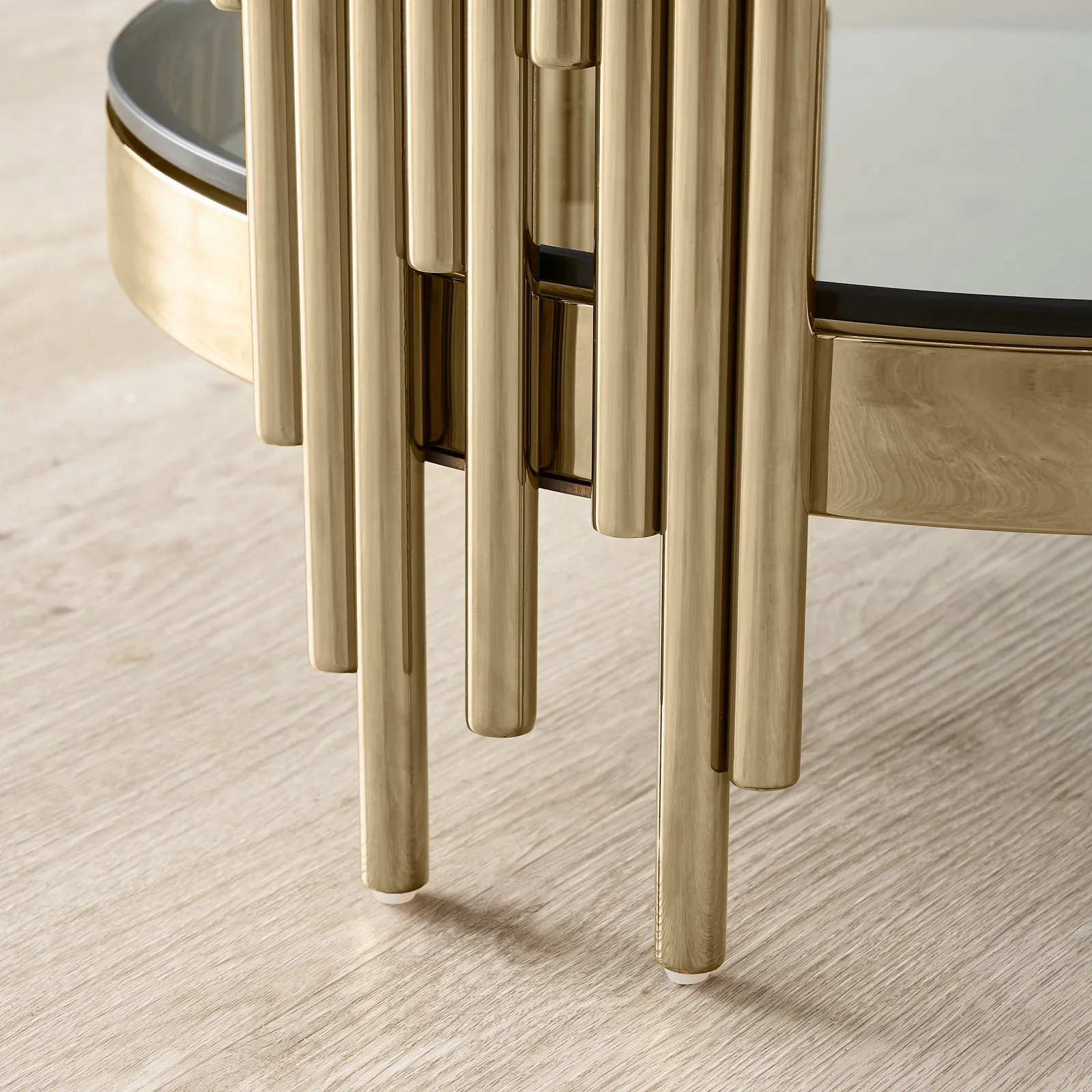 Lindsay Polished Champagne Gold Stainless Steel Round Side Table - Smoke Glass Top | Koala Living