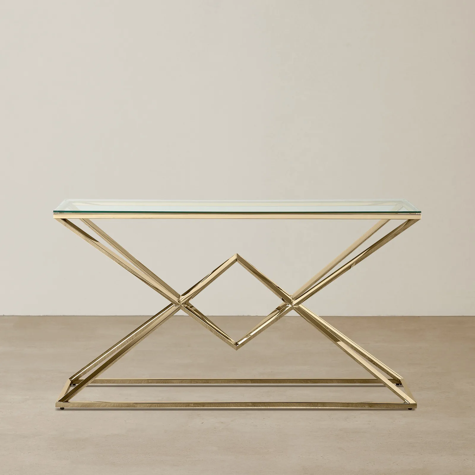 Knox Polished Champagne Gold Console Table - Clear Glass Top | Koala Living
