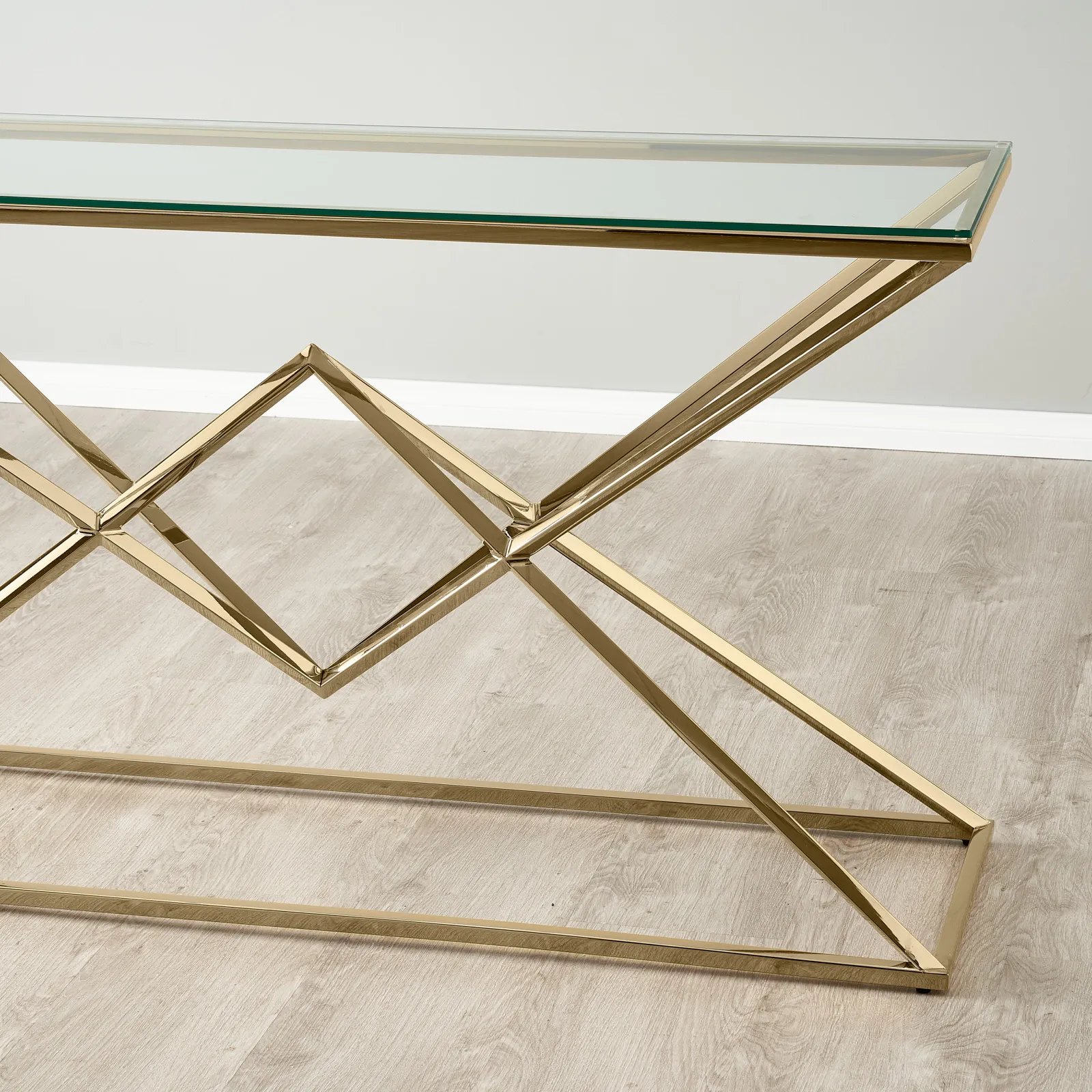 Knox Polished Champagne Gold Console Table - Clear Glass Top | Koala Living