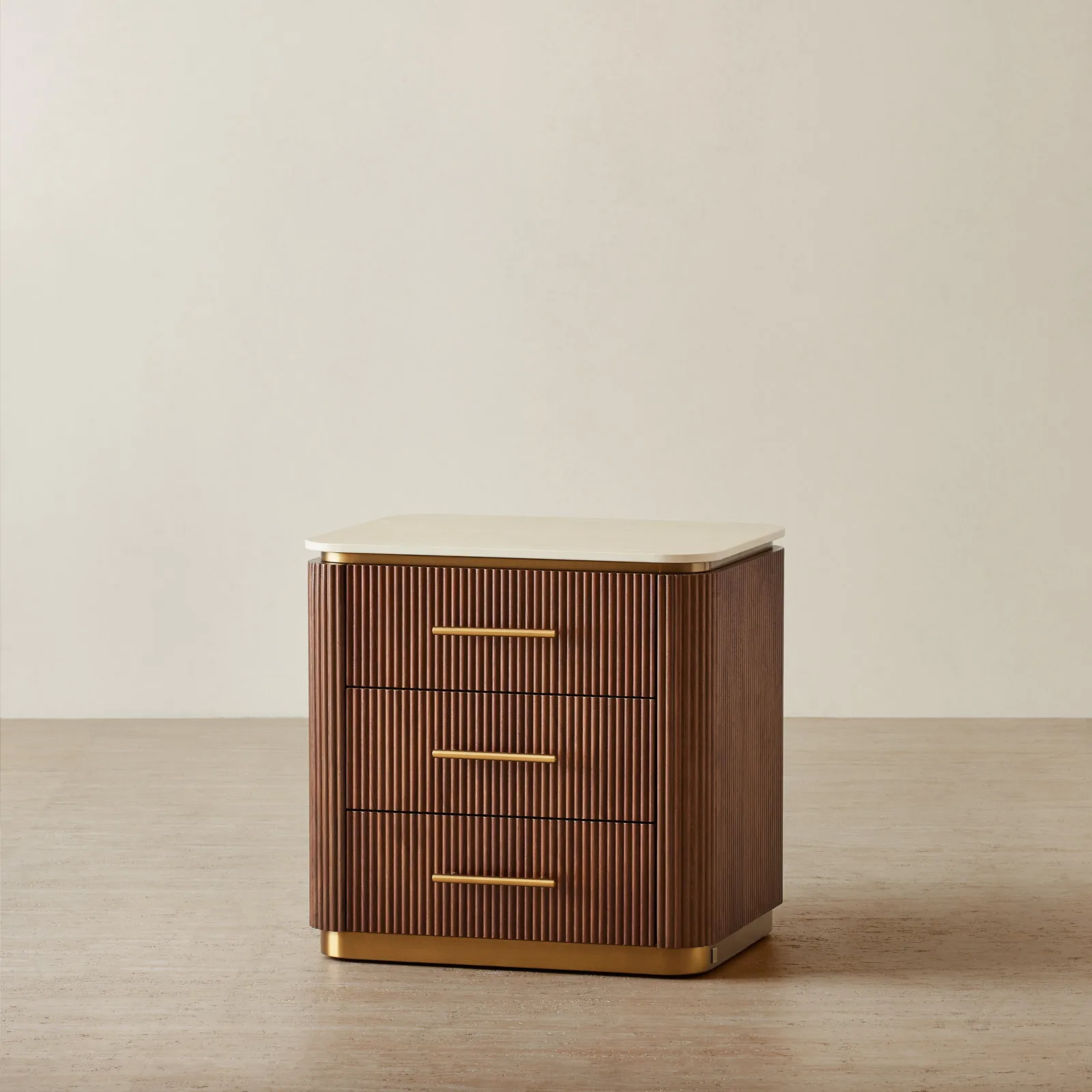 San Pierre Walnut Veneer Bedside Table - Travertine Finish Sintered ...
