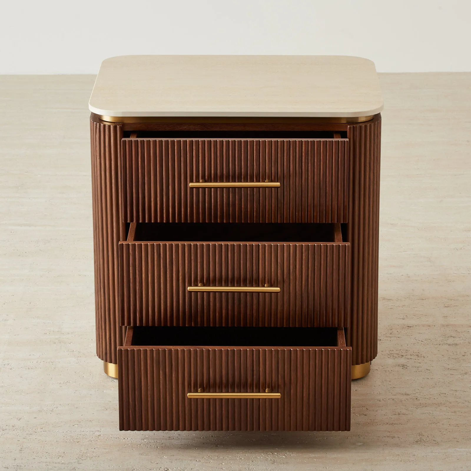 San Pierre Walnut Veneer Bedside Table - Travertine Finish Sintered ...