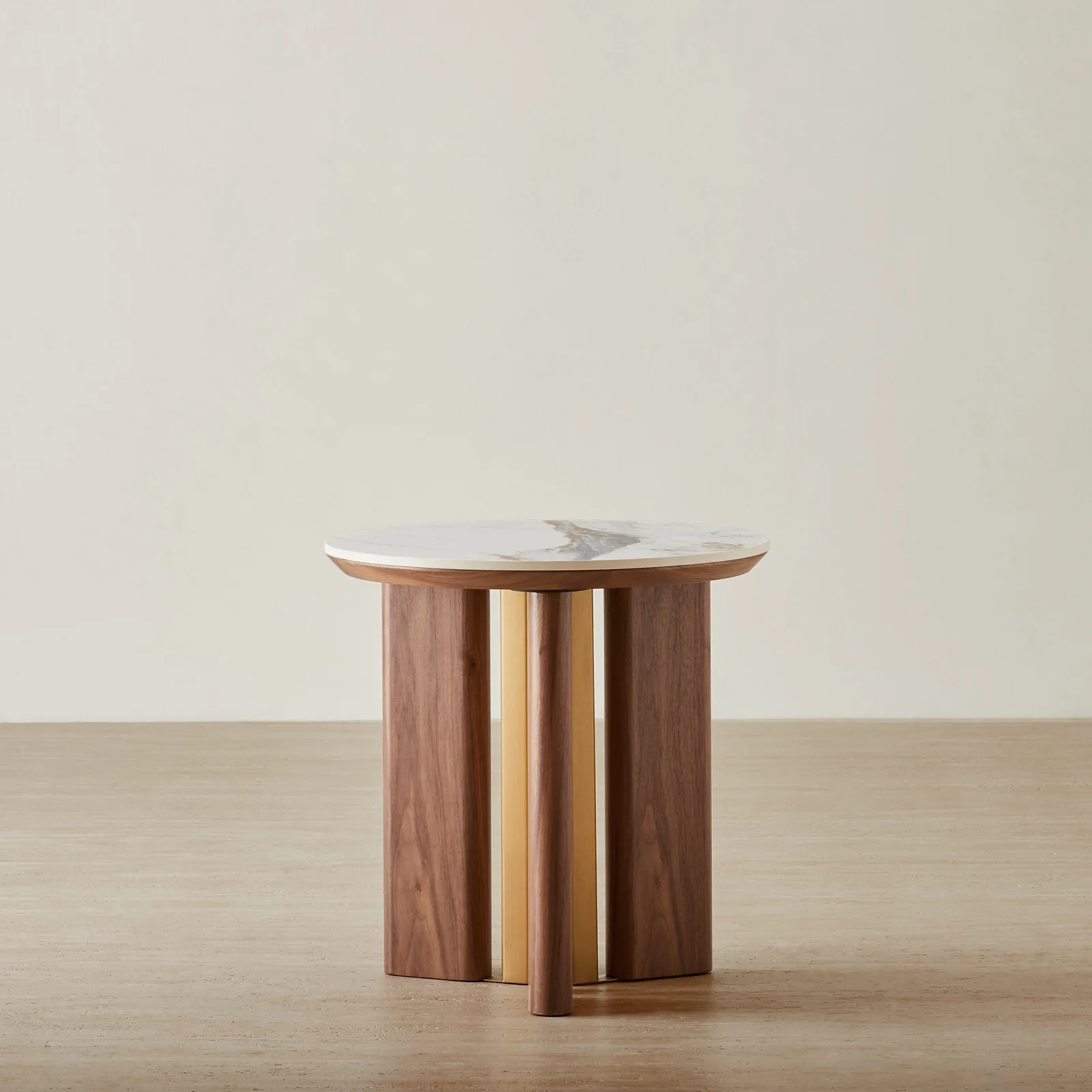 Sir Lionell Gliding White Sintered Stone Side Table - Walnut Brown ...