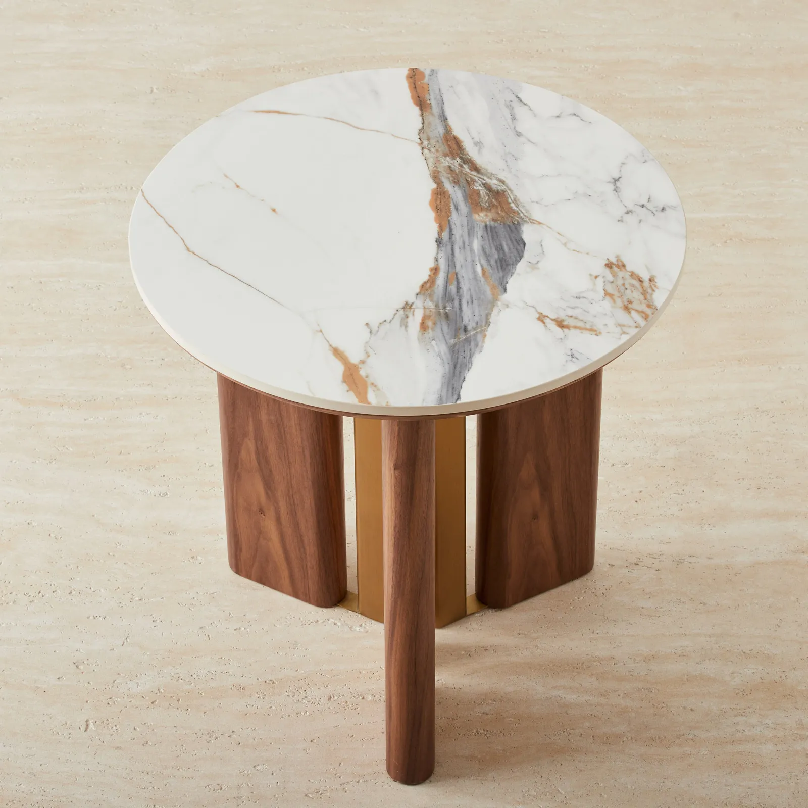 Sir Lionell Gliding White Sintered Stone Side Table - Walnut Brown ...
